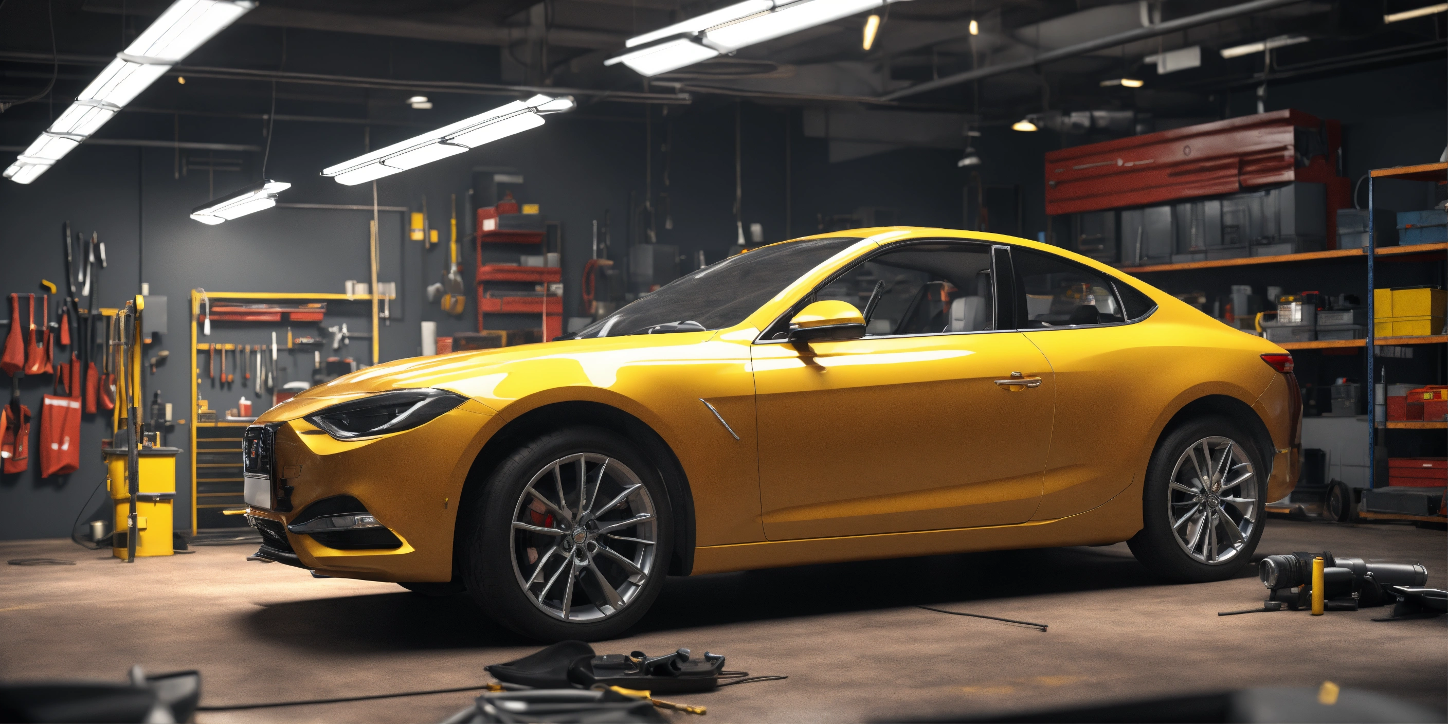 Lexica - Car in repair in car mechanic shop, hood opened side view ...