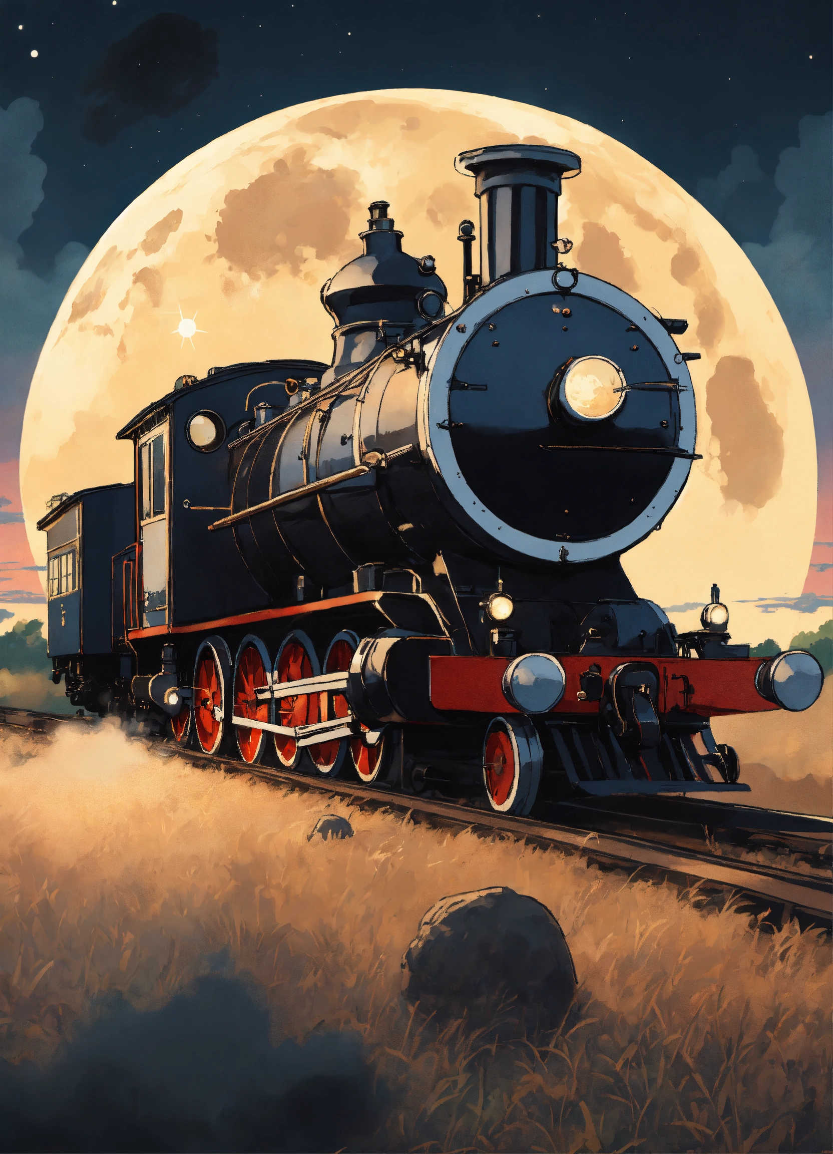 Lexica - A black steam locomotive floating in the sky, a full moon in ...