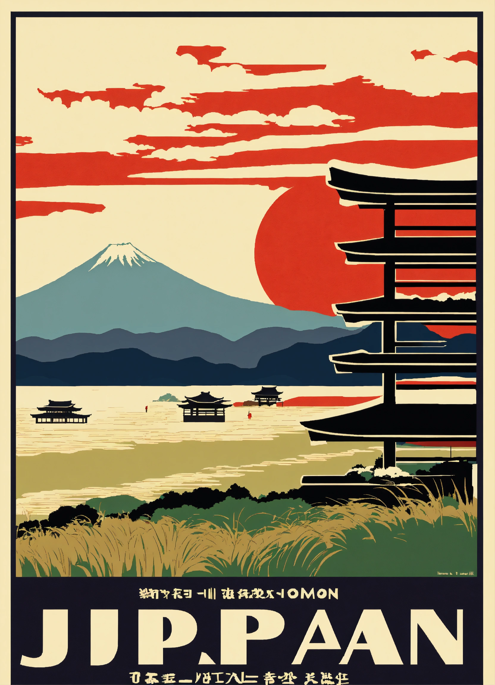 Lexica - Japan, travel poster, WPA style vintage screenprint, vector art