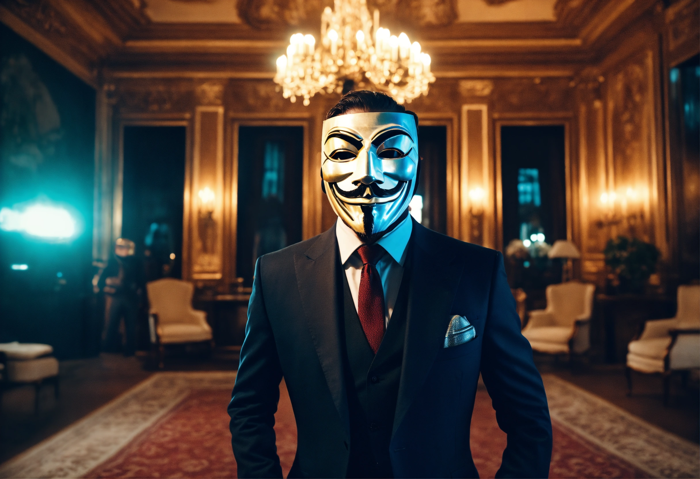 Lexica - A businessman in a suit wearing a Guy Fawkes mask in a ...