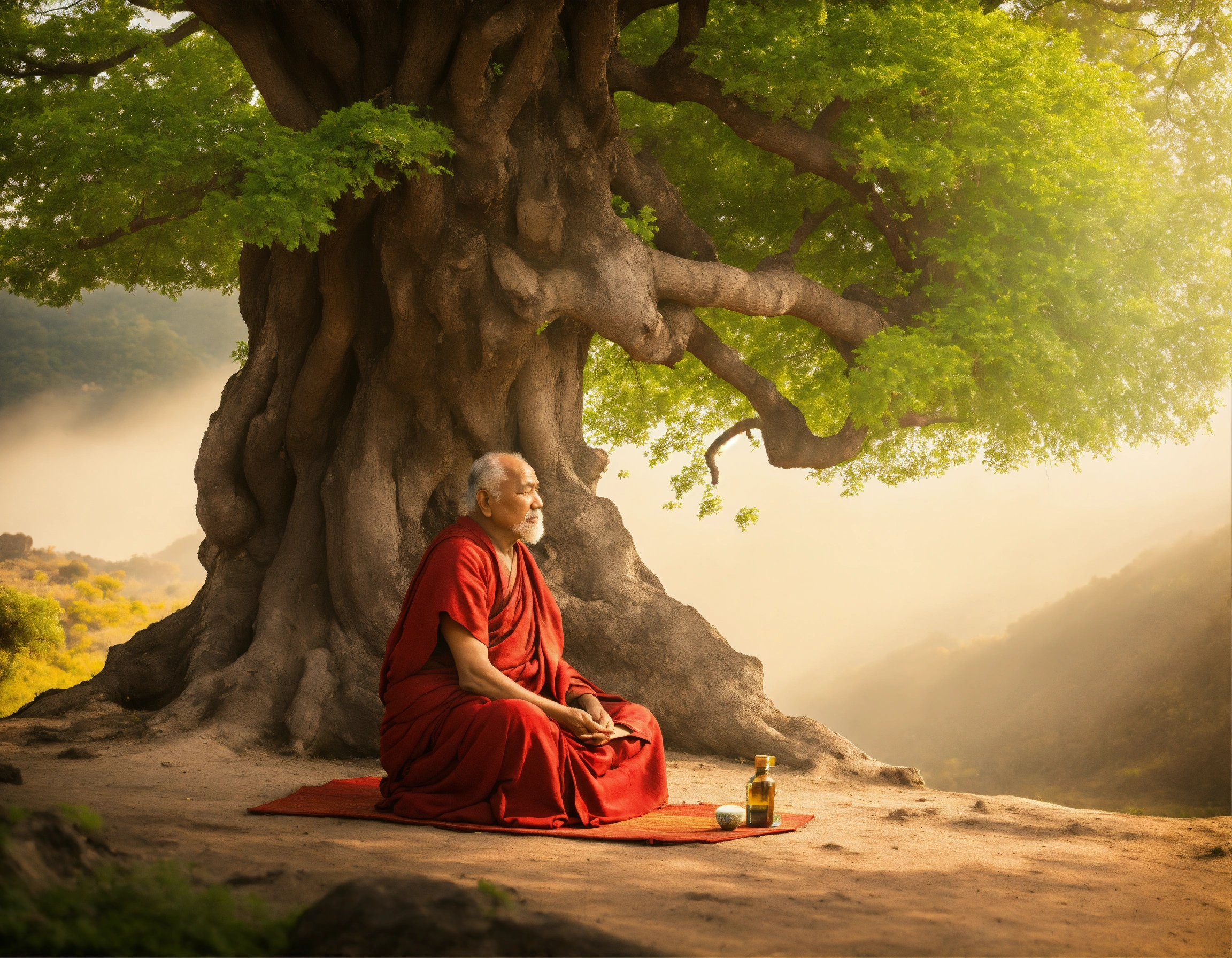 Lexica - Wise old monk in meditation under tree in a tranquil place