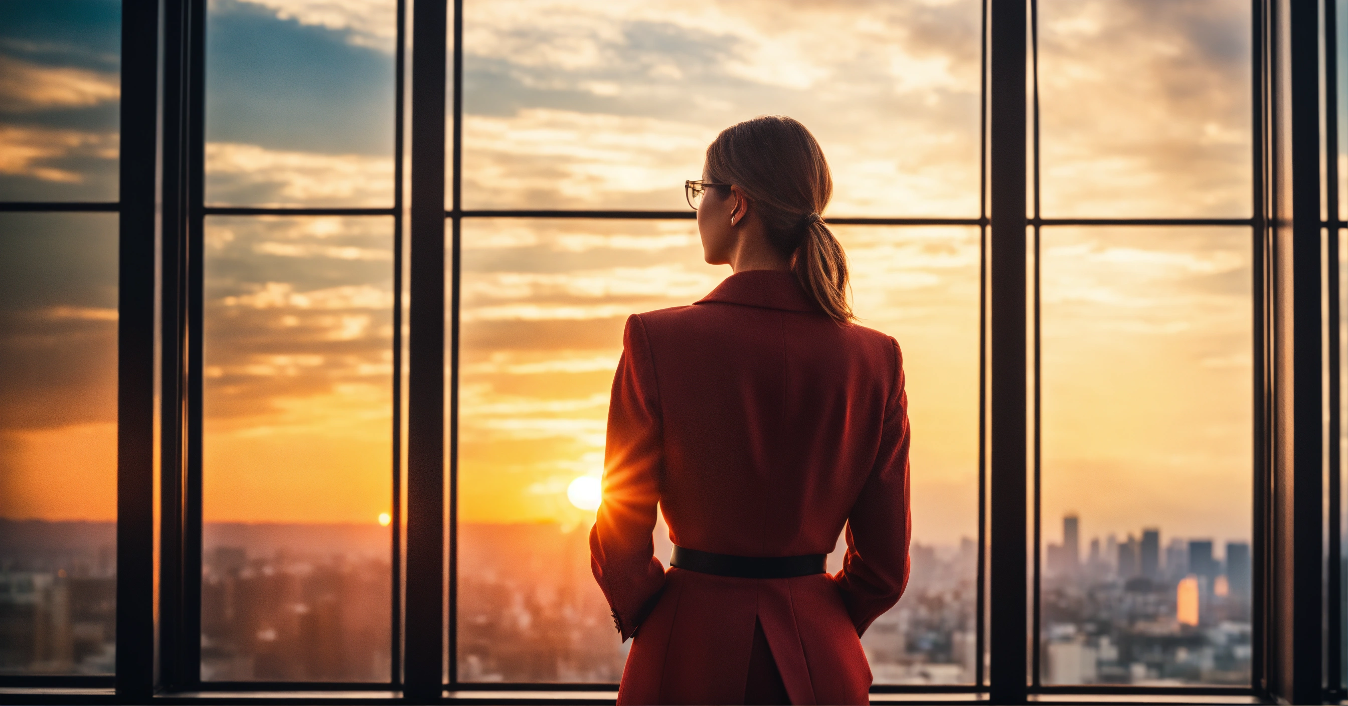 Lexica - Back view of Confident business woman watching city sunset ...
