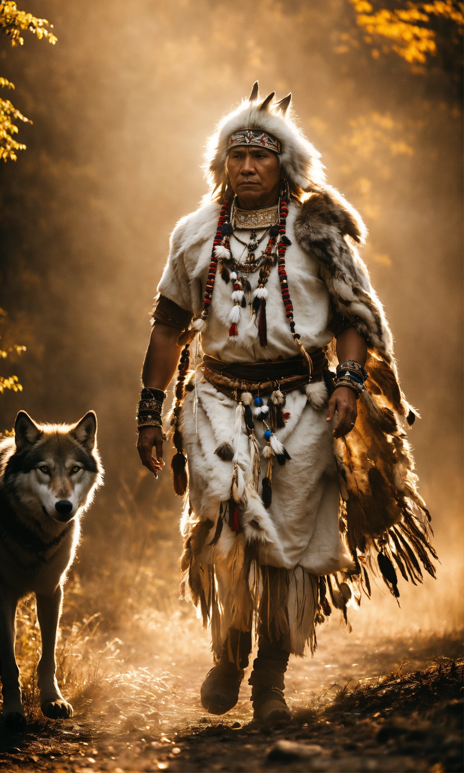 Lexica - Cinematic image of indigenous shaman of North America walking ...