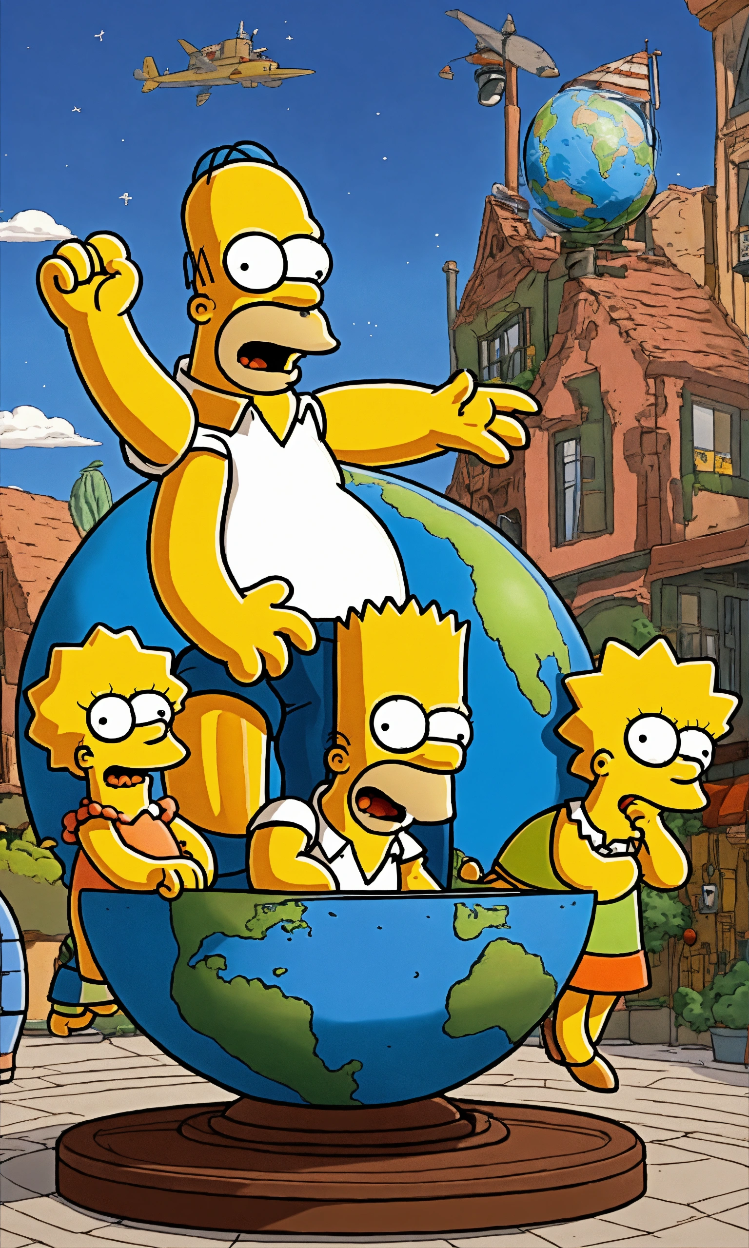 Lexica - The simpsons looking at the globe of the Earth, hyper realiste