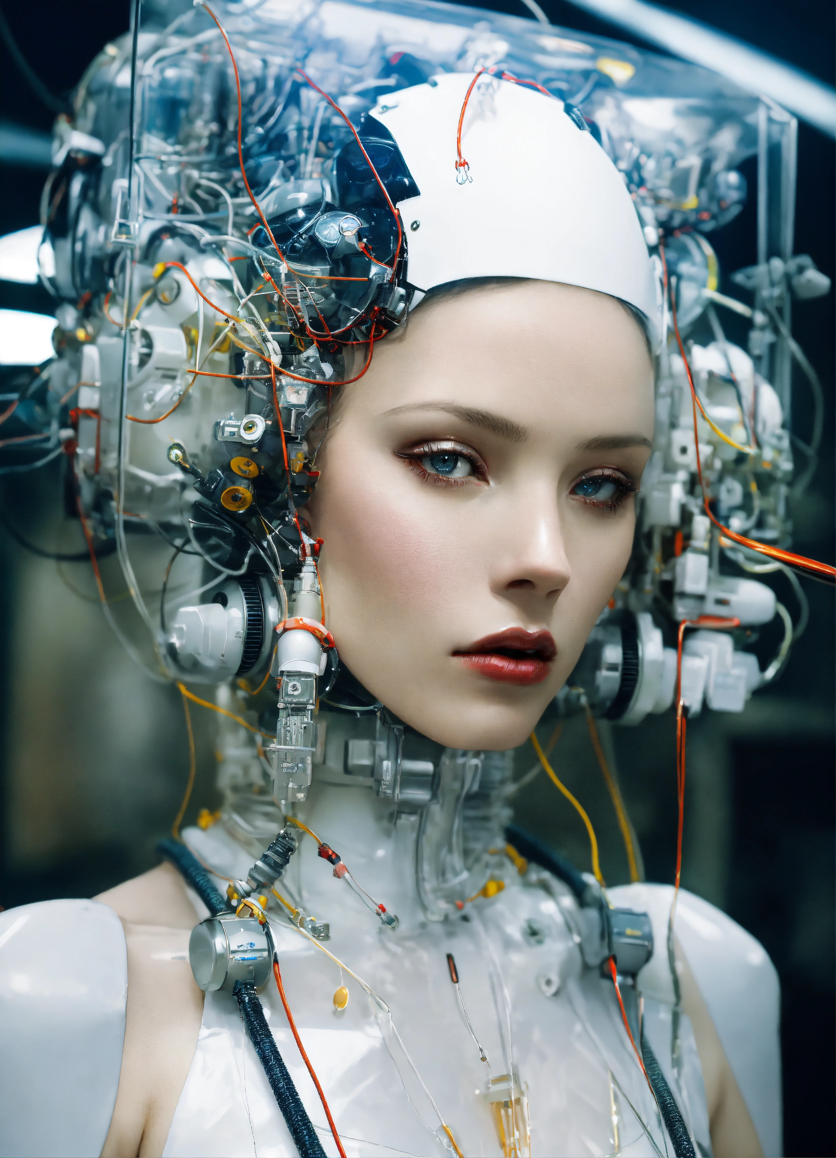 Lexica - Body portrait Photography, in a full of cables and wires and ...