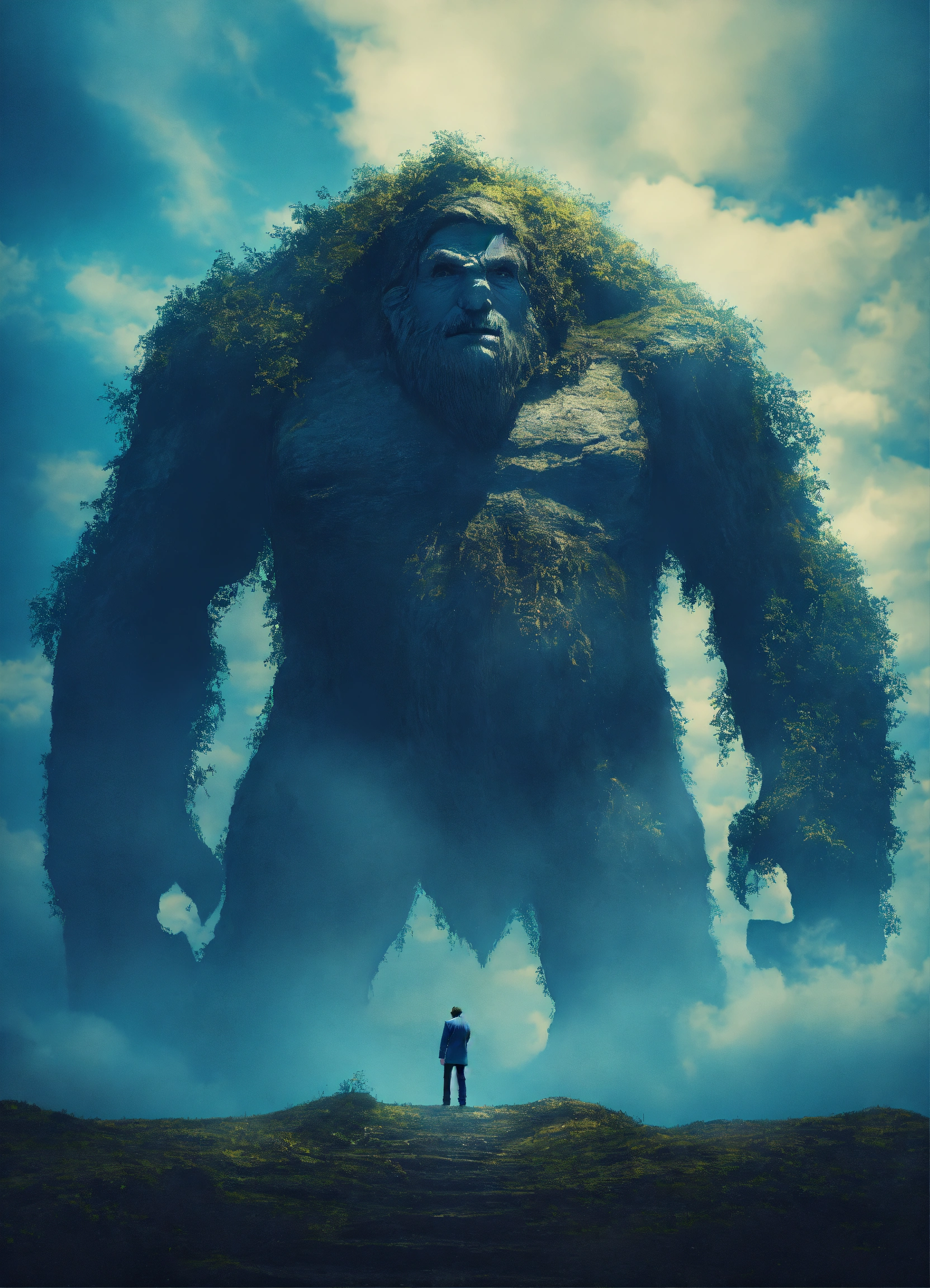 Lexica - Scared giant, blue background, realism photo, mystery atmosphere