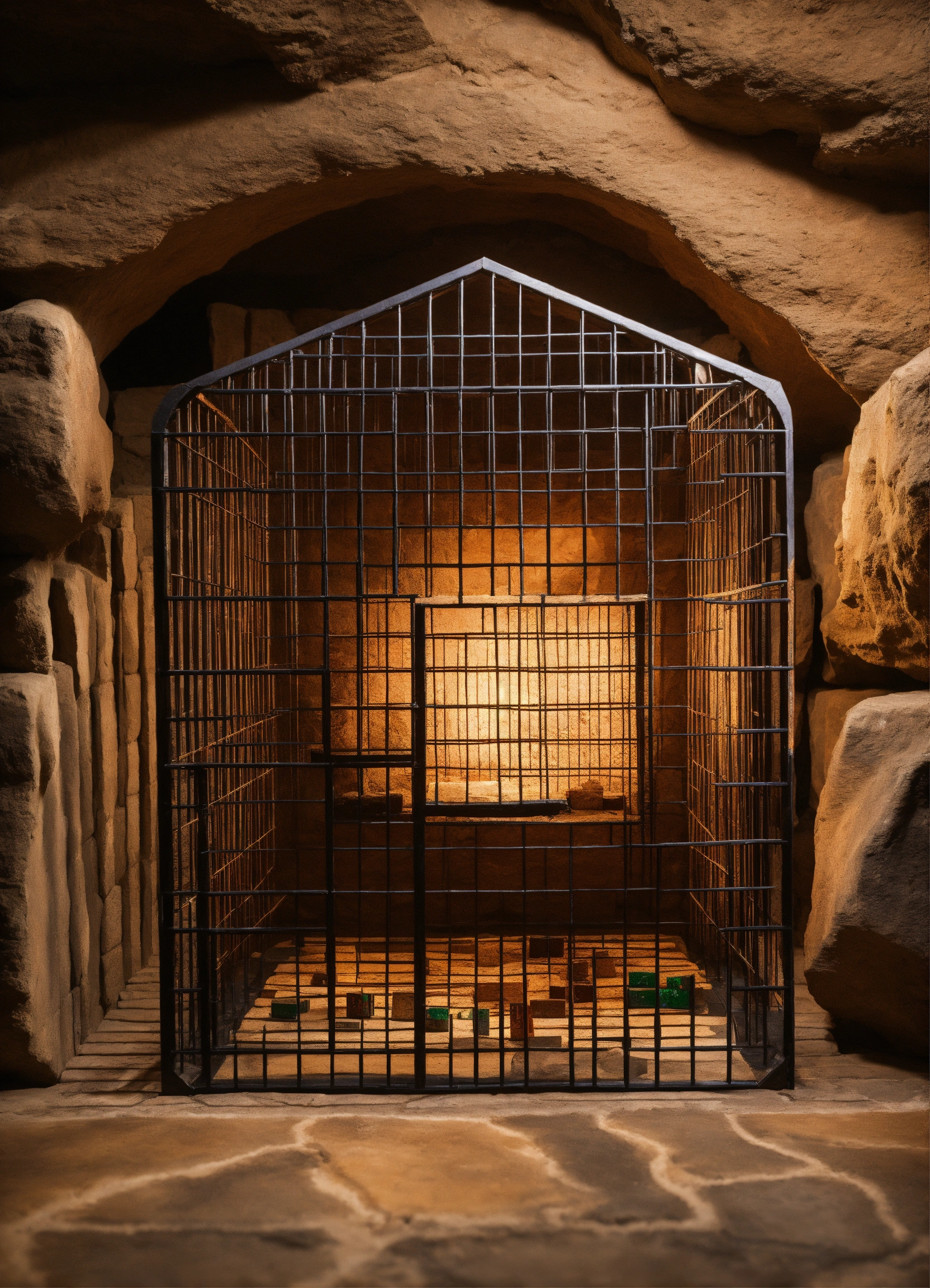 Lexica - Board game cage painted as a cave or stone room in a masonry frame