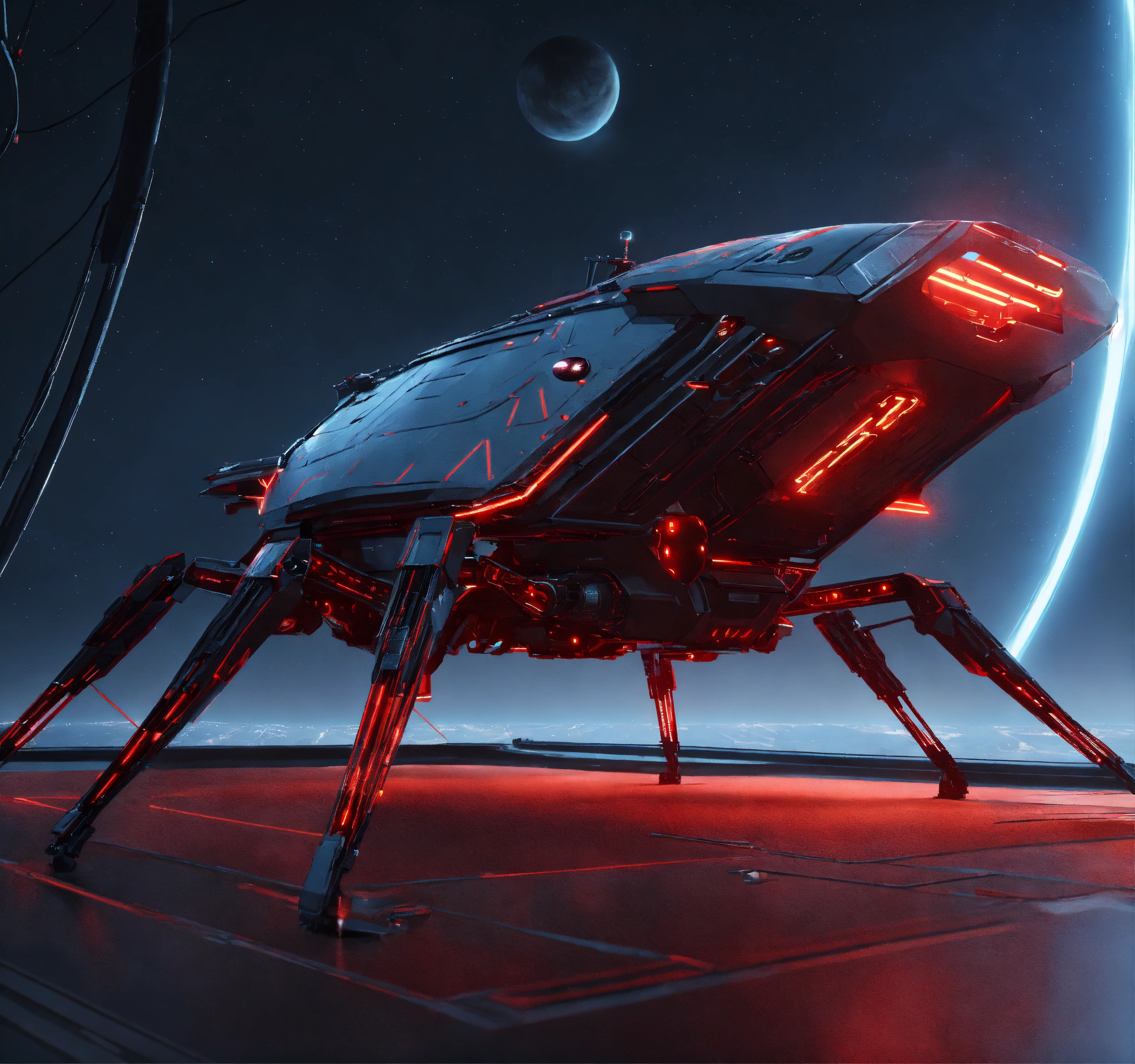 Lexica - Zoom out on a extra long black robotic black widow spider ...