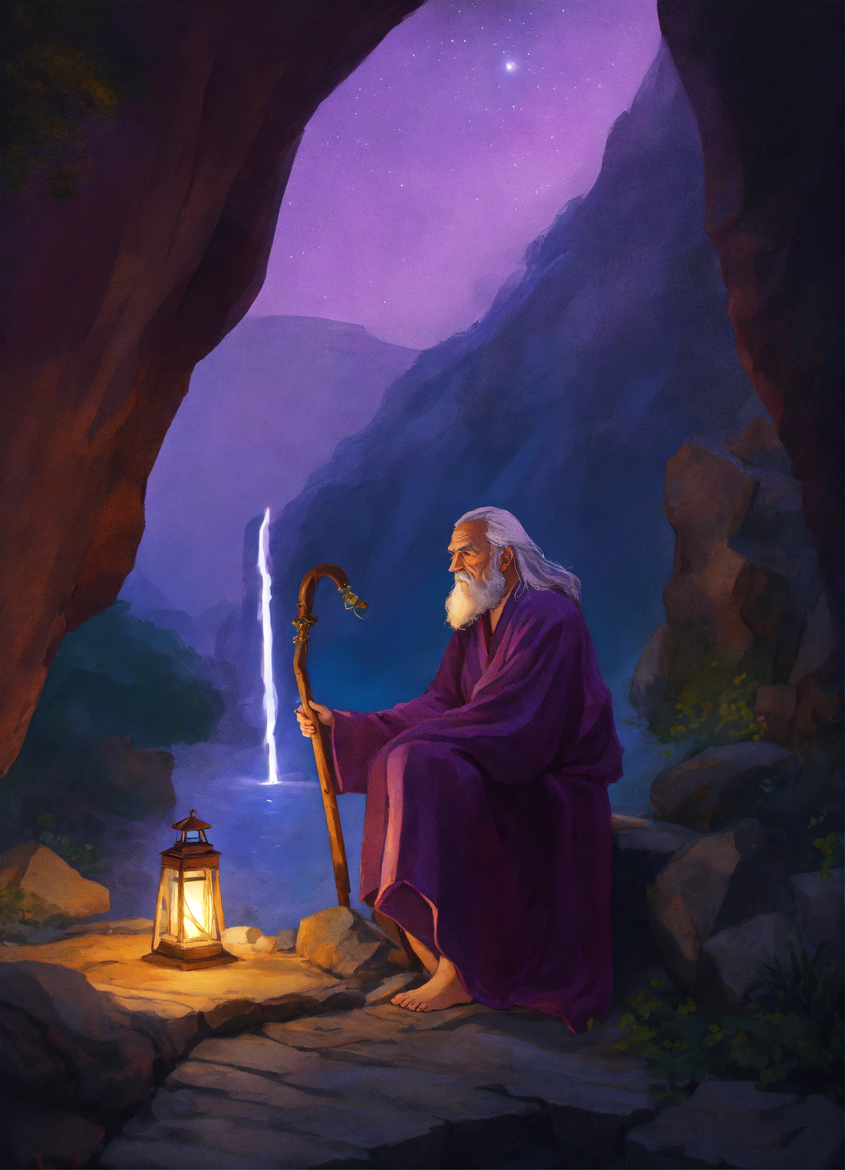 Lexica - "Create a nighttime scene featuring an elderly man, the Hermit ...