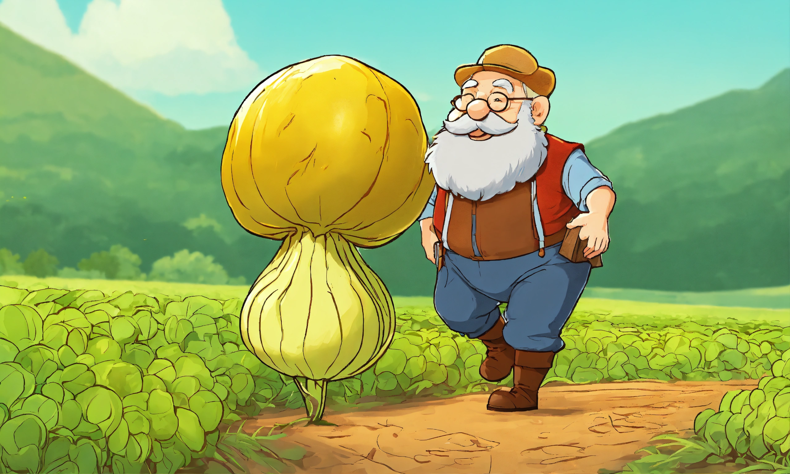 Lexica - Cartoon style huge yellow turnip in the field. Cute red-hair ...
