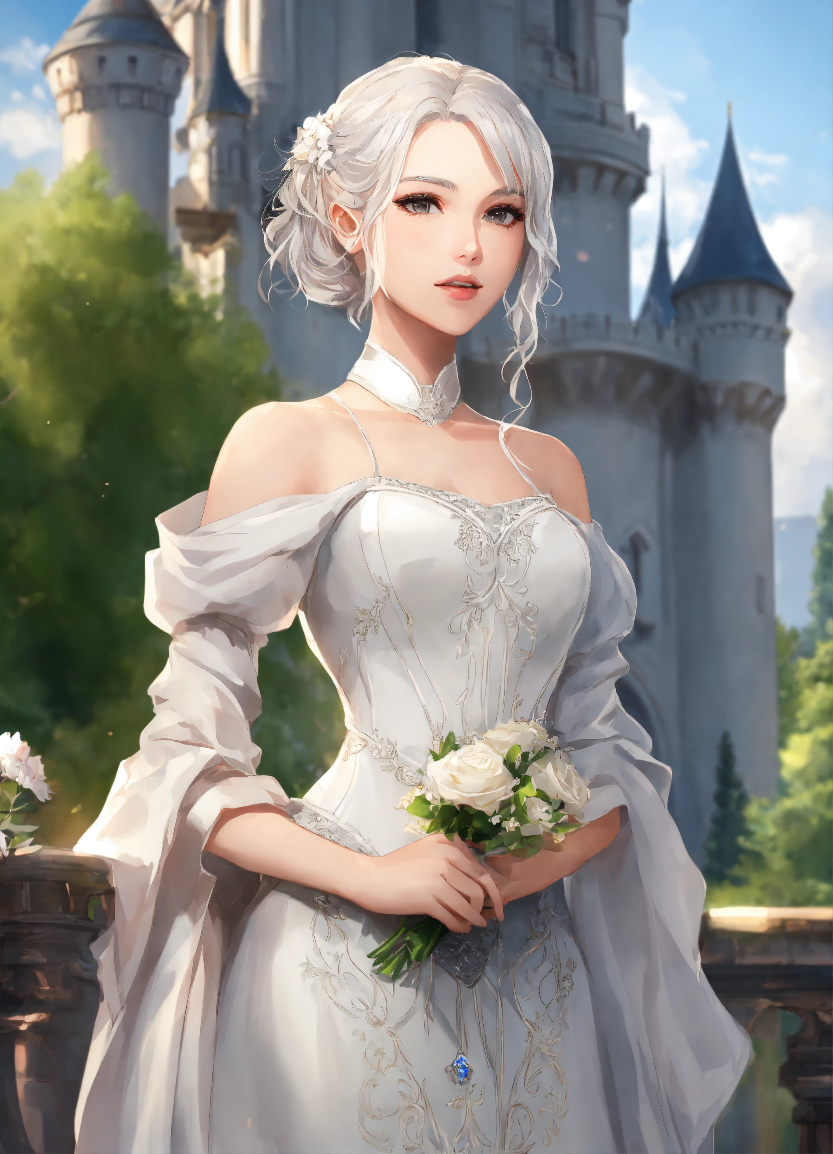 Lexica - A gray-eyed, white-haired, beautiful noble girl wearing a ...