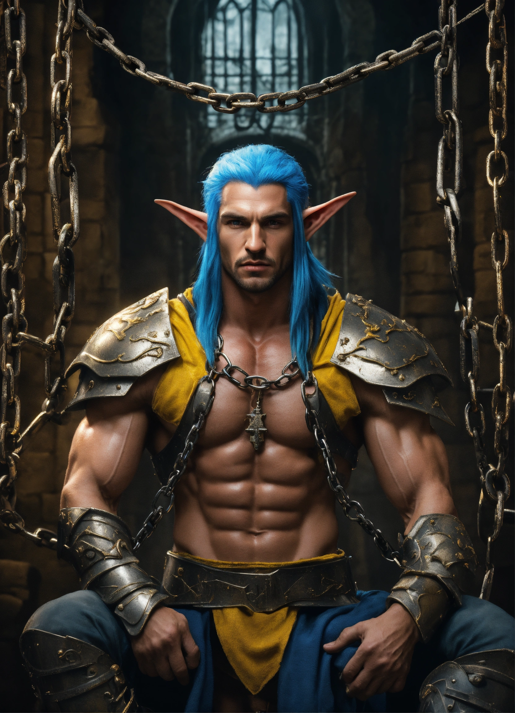 Lexica - Full body strong handsome god elf chained by enemies chained ...