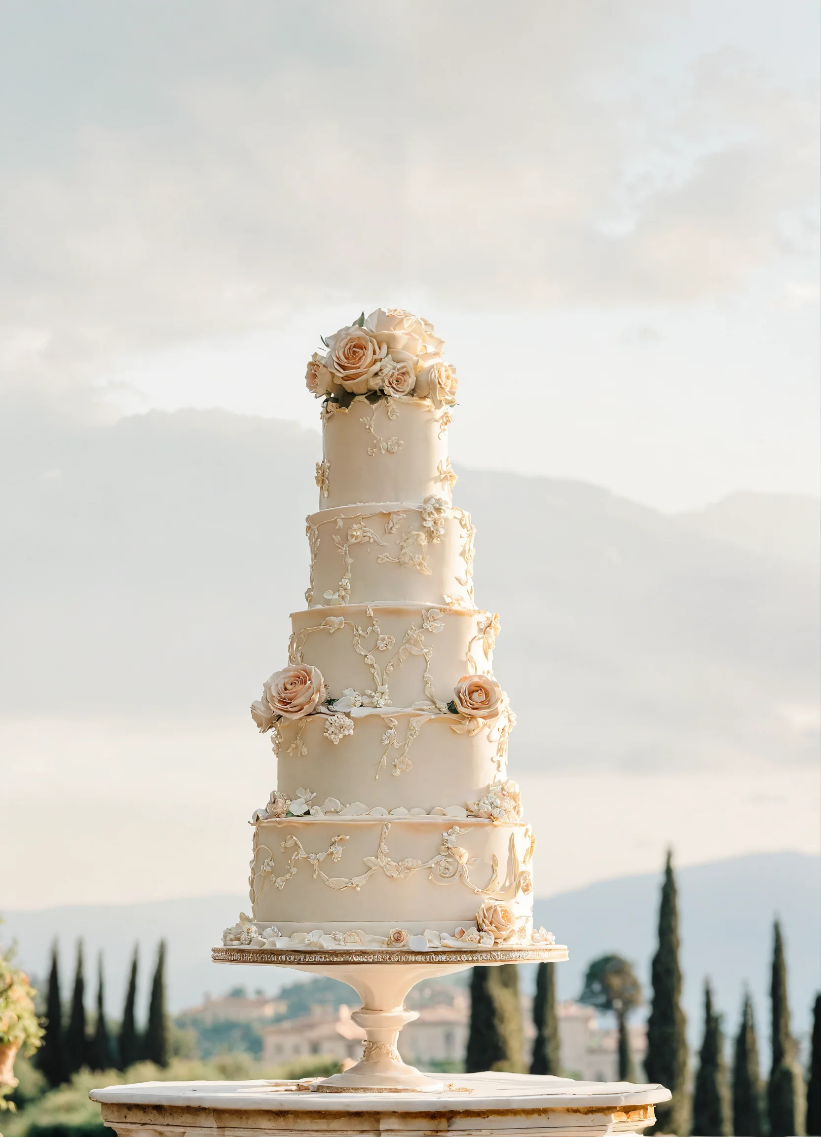Lexica - Elegant tall wedding cake fine art style soft light white sky ...
