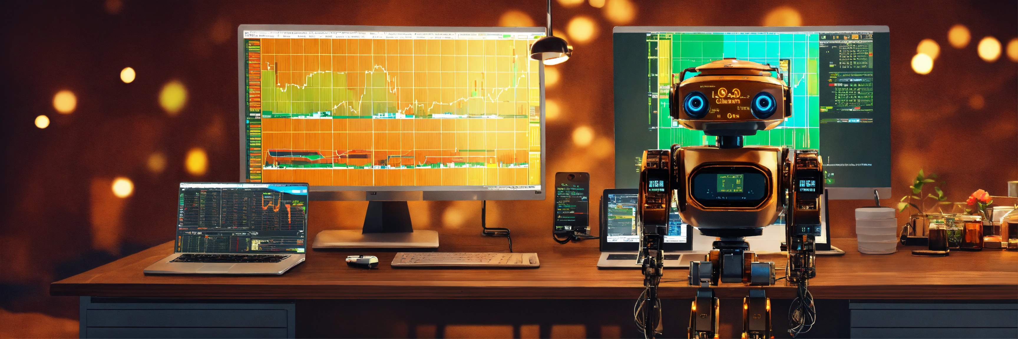 Lexica - Cute robot that monitors binary options chart on laptop