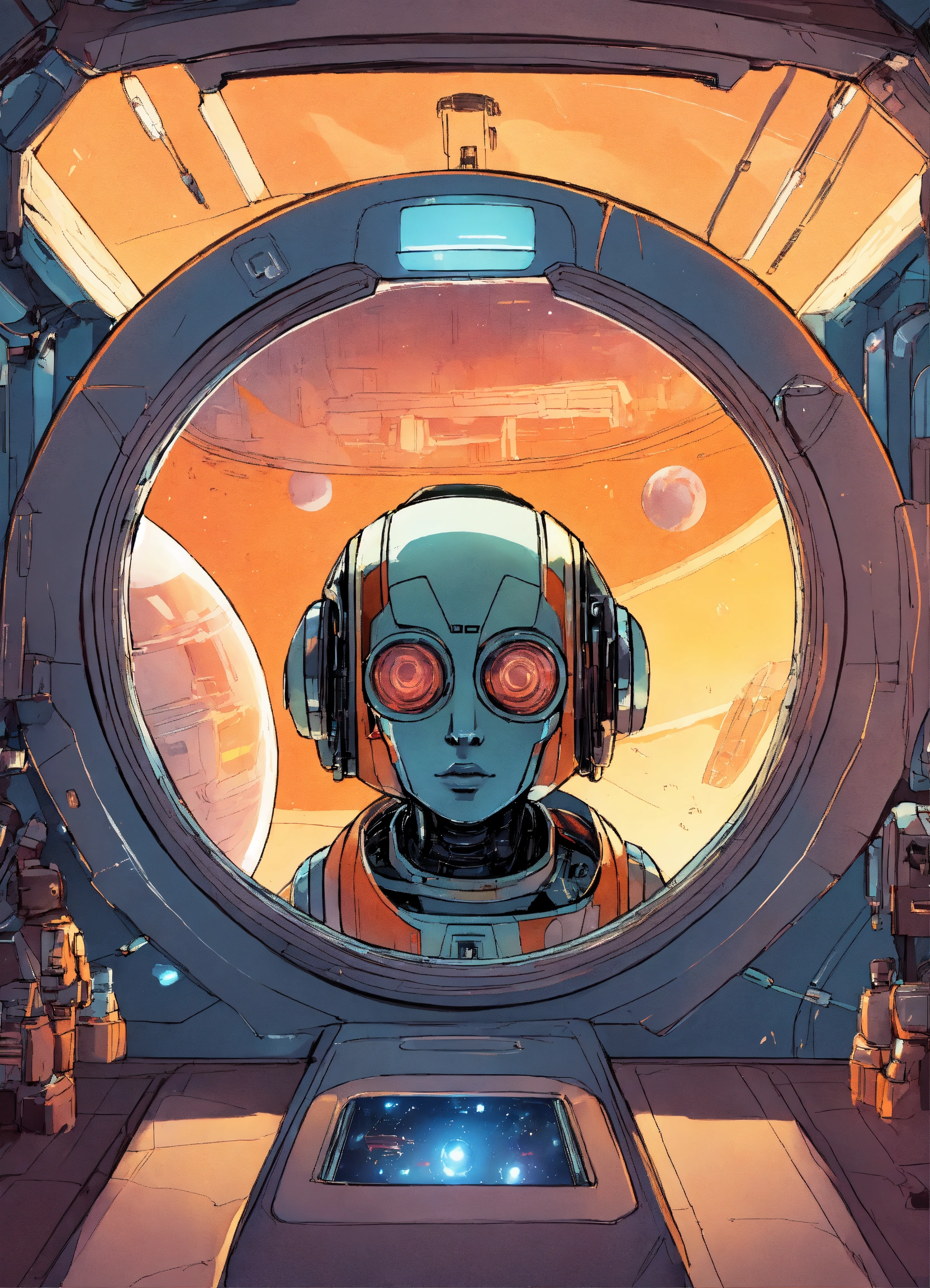Lexica - Half robots with a human face inside a spaceship looking outside