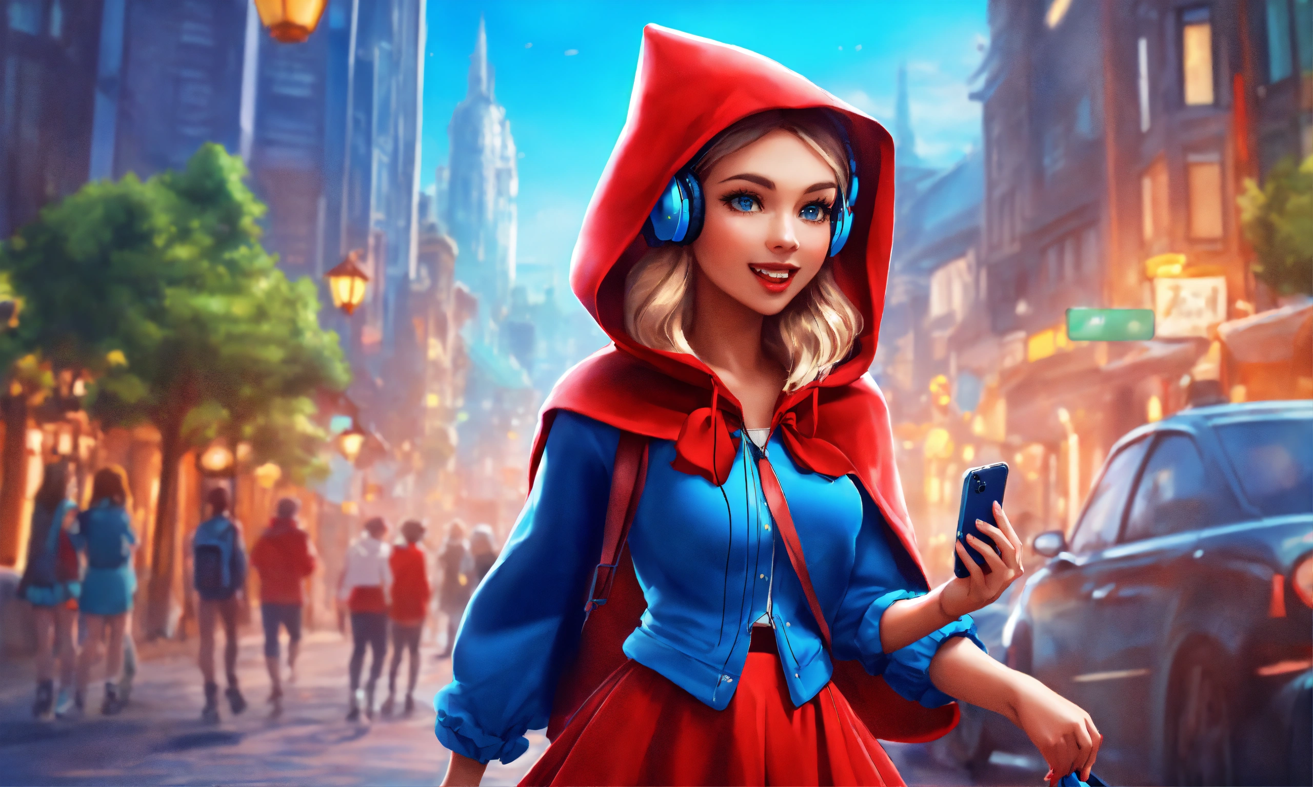 Lexica - Cartoons happy modern Red Riding Hood, wearing short blue ...