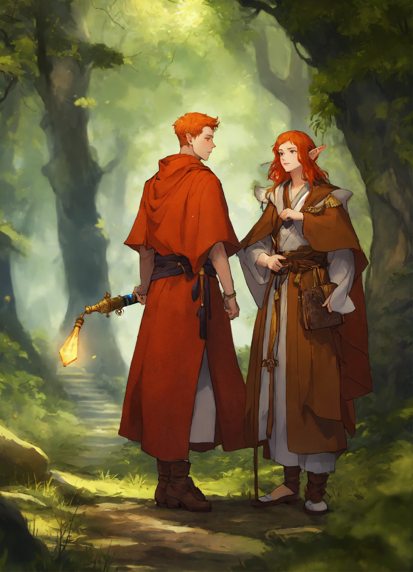Lexica - Red headed elf monk and cleric in monk robes in a forest