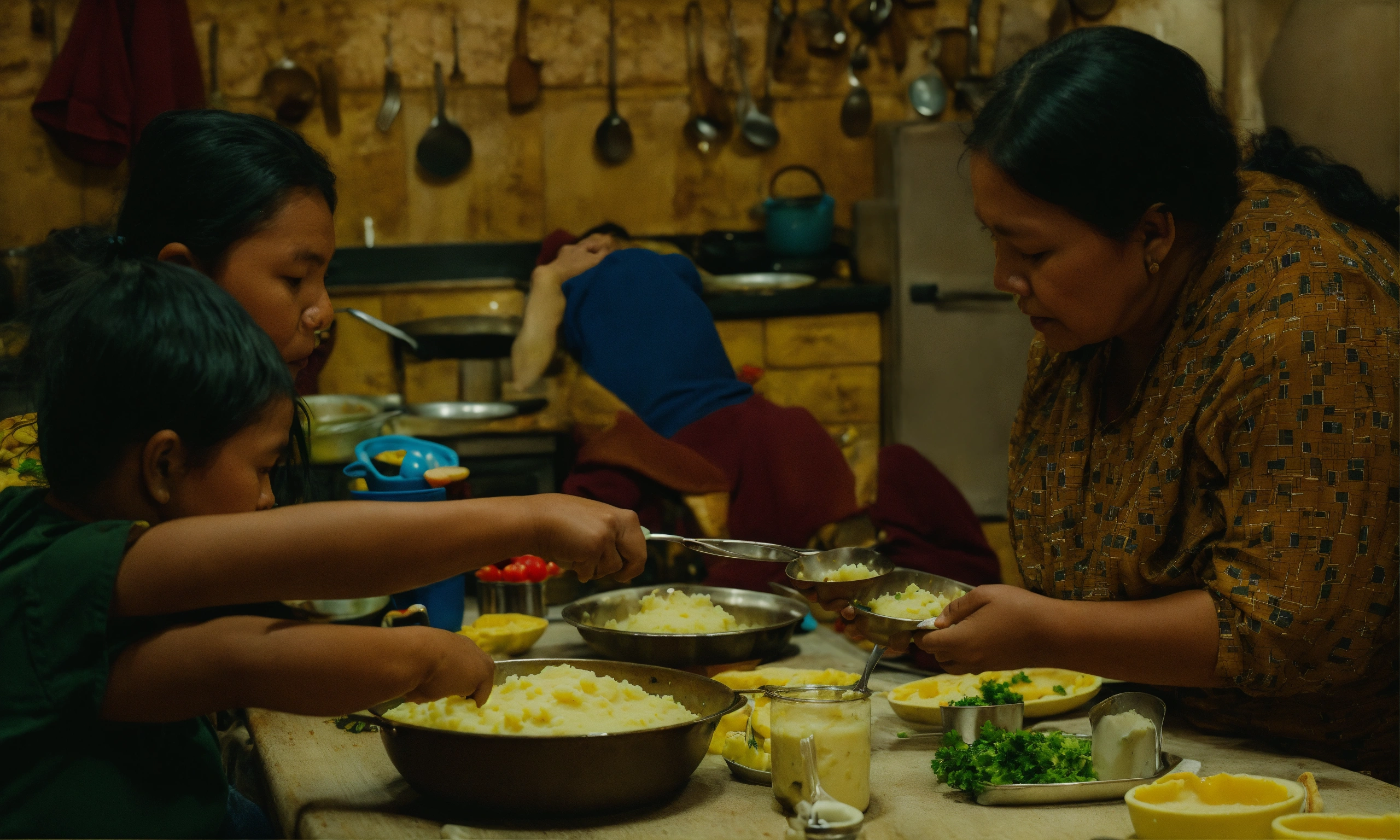 Lexica - In a rural kitchen, a low-income Indigenous family sits at the ...