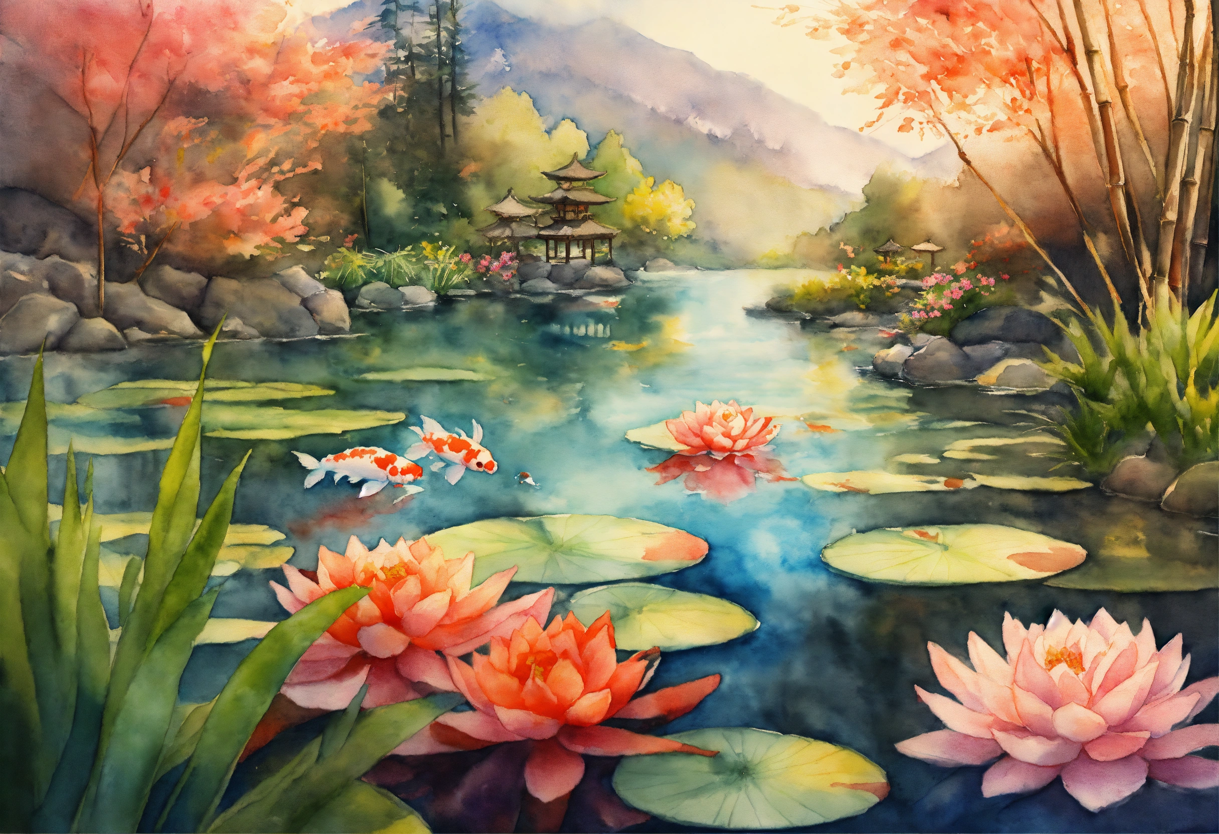Lexica - Watercolour painting, koi pond, pastel colours, warm light ...