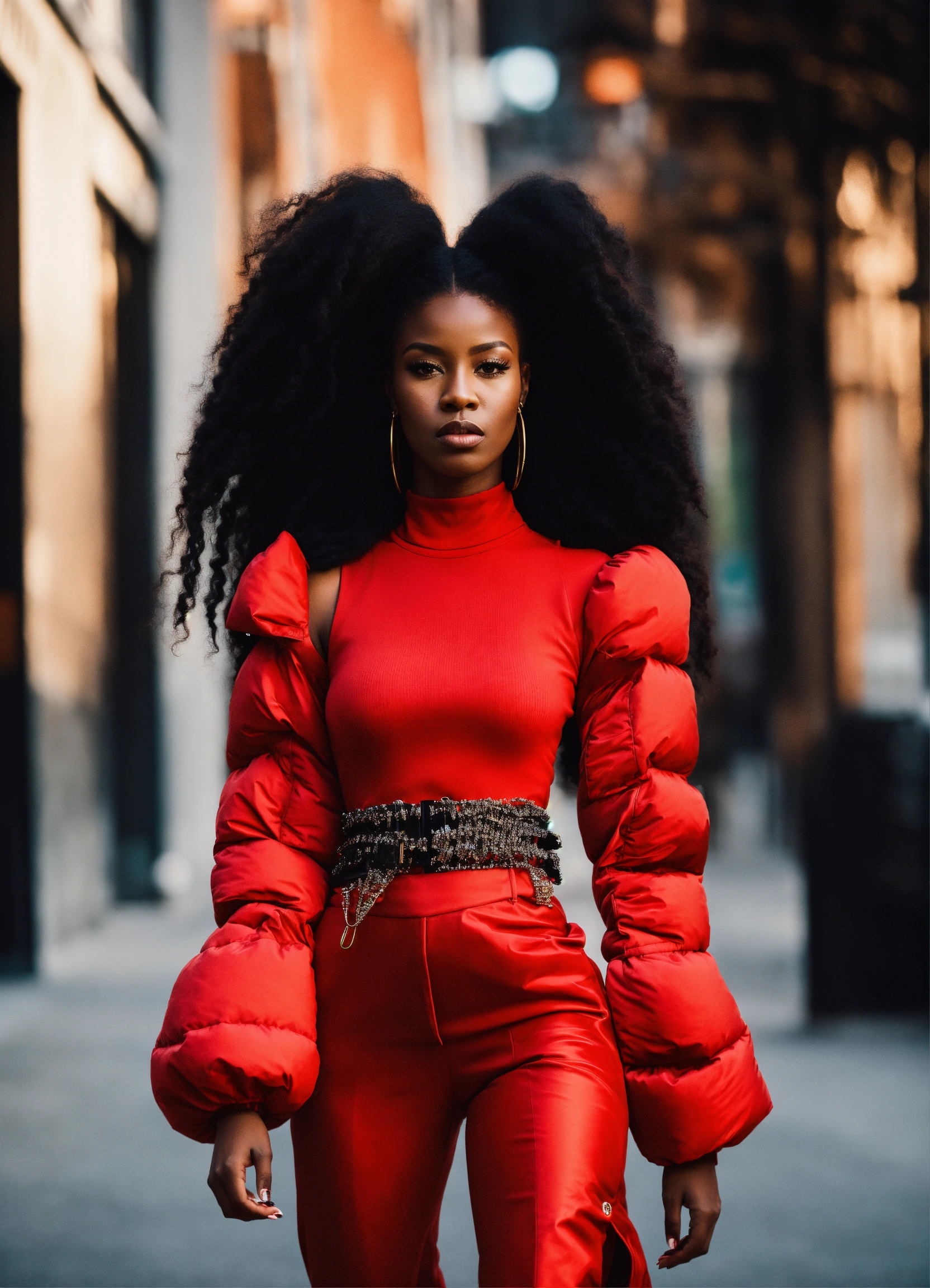 Lexica - Black woman, in red high fashion street wear with puffer ...