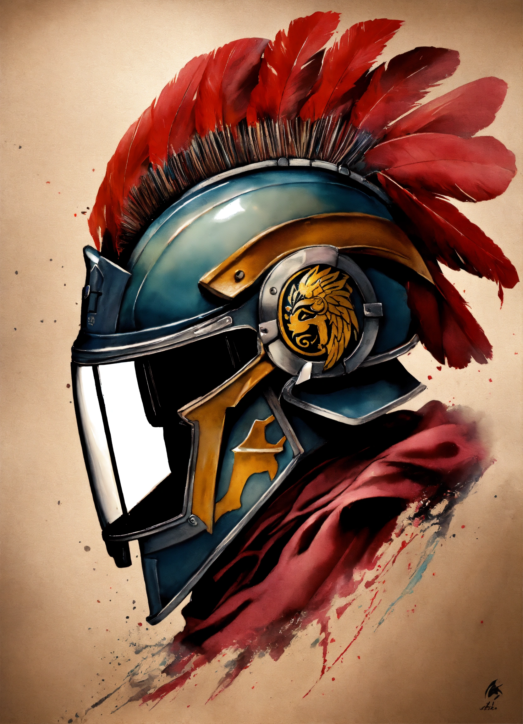 Lexica - Tatuaje pincelada de acuarela, helmet spartan and cuervos volando