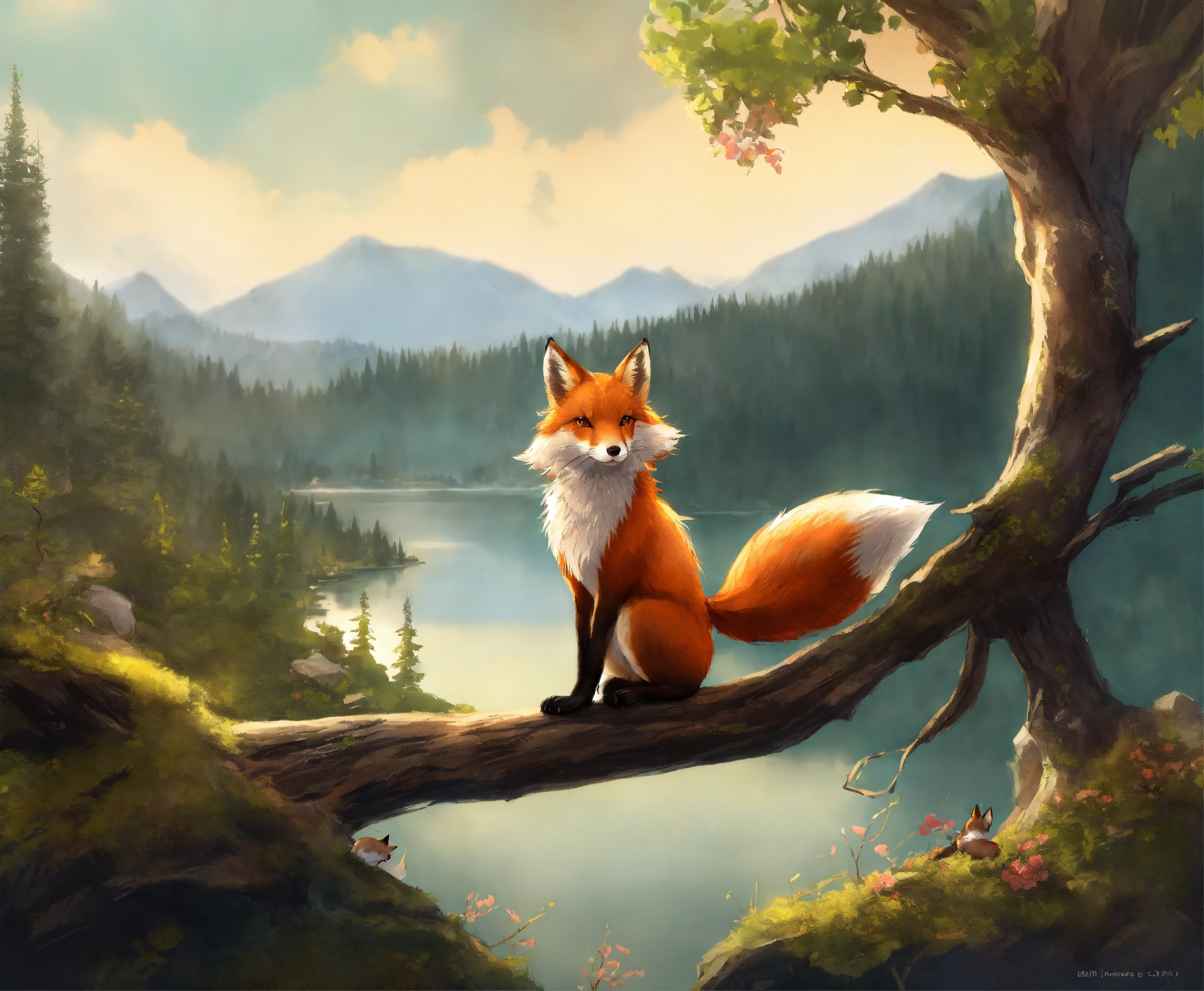 Lexica - Concept art of a wild small fox on a tree branch with a long ...