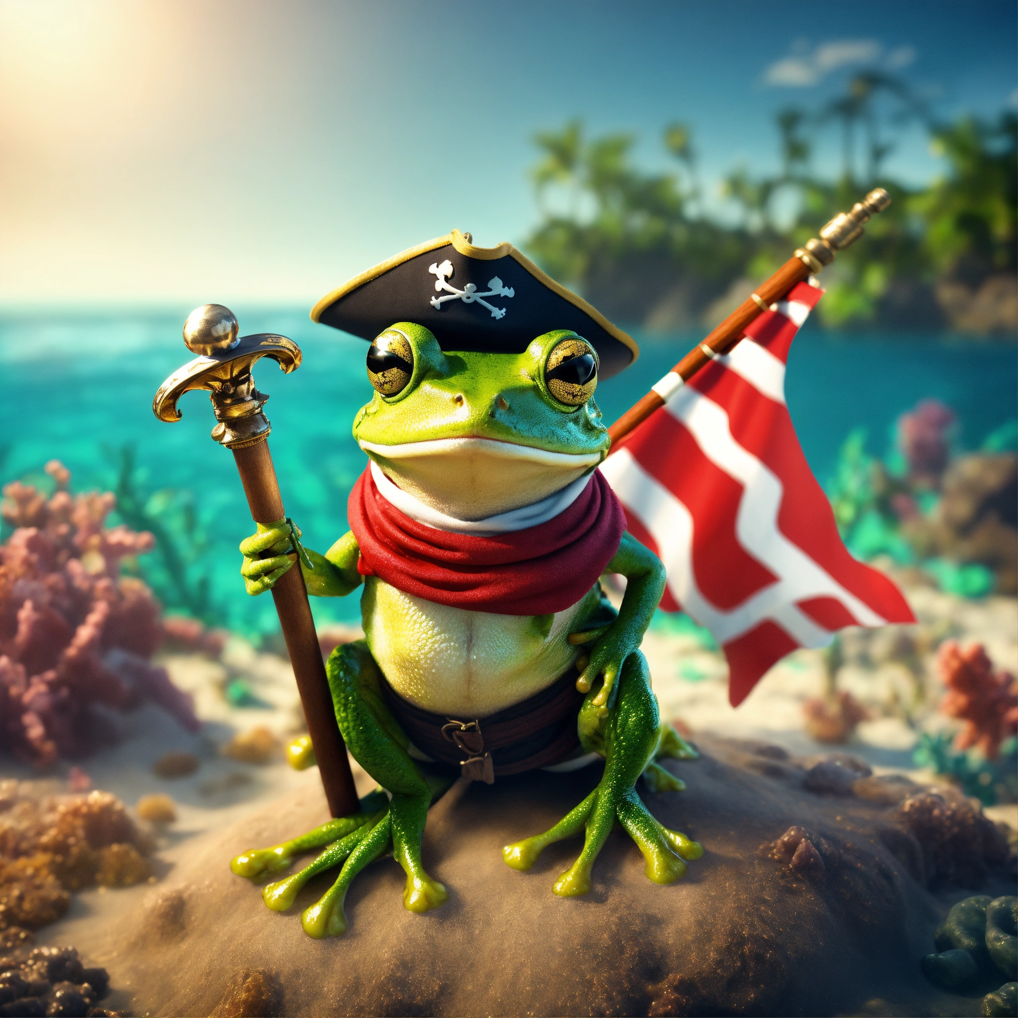 Lexica - Pirate frog, wearing a pirate hat, holding a pirate flag ...