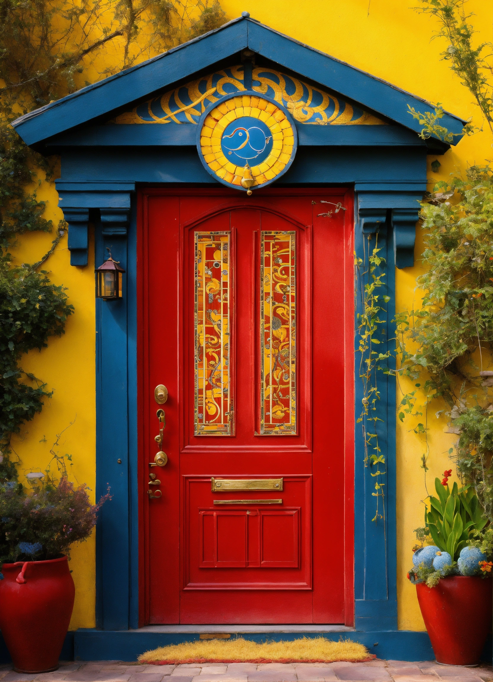 Lexica - Mystical red yellow door in the garden with snakes birds sun ...