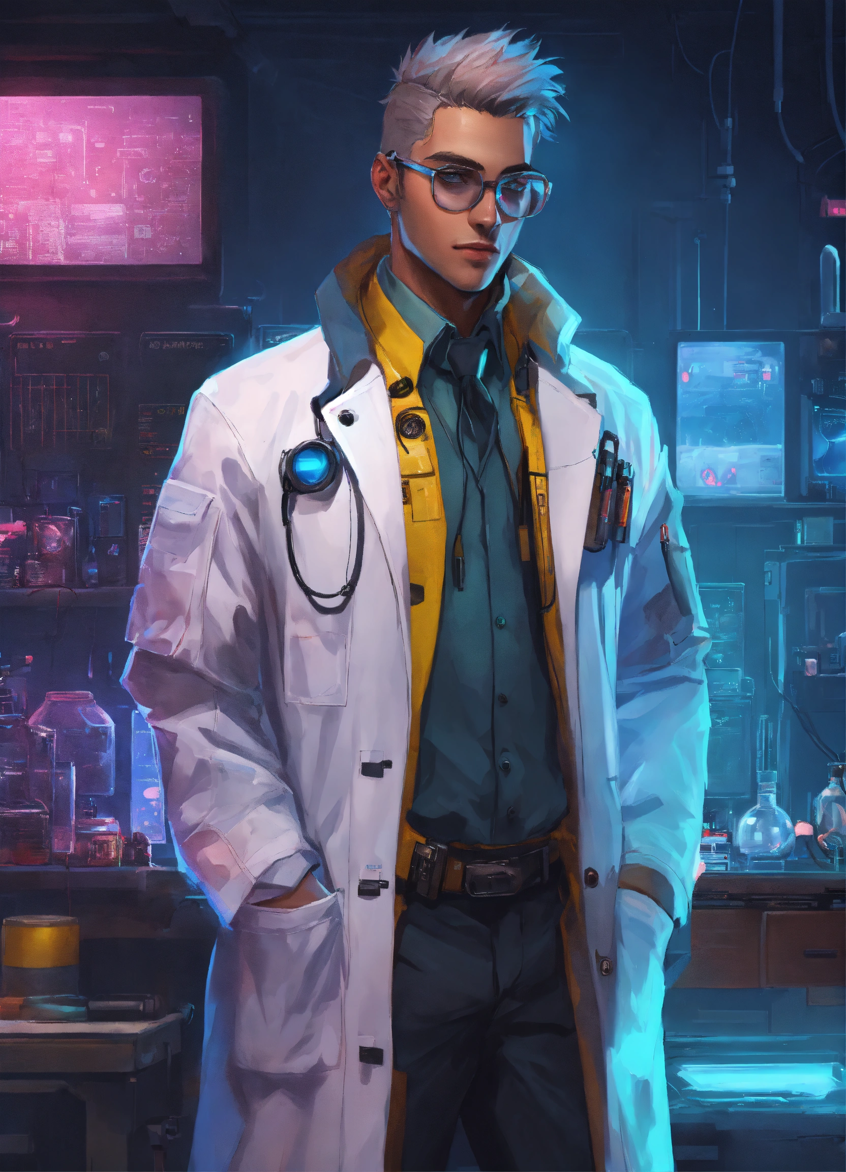 Lexica - Male sneaky college aged cyberpunk lab assistant in a lab coat