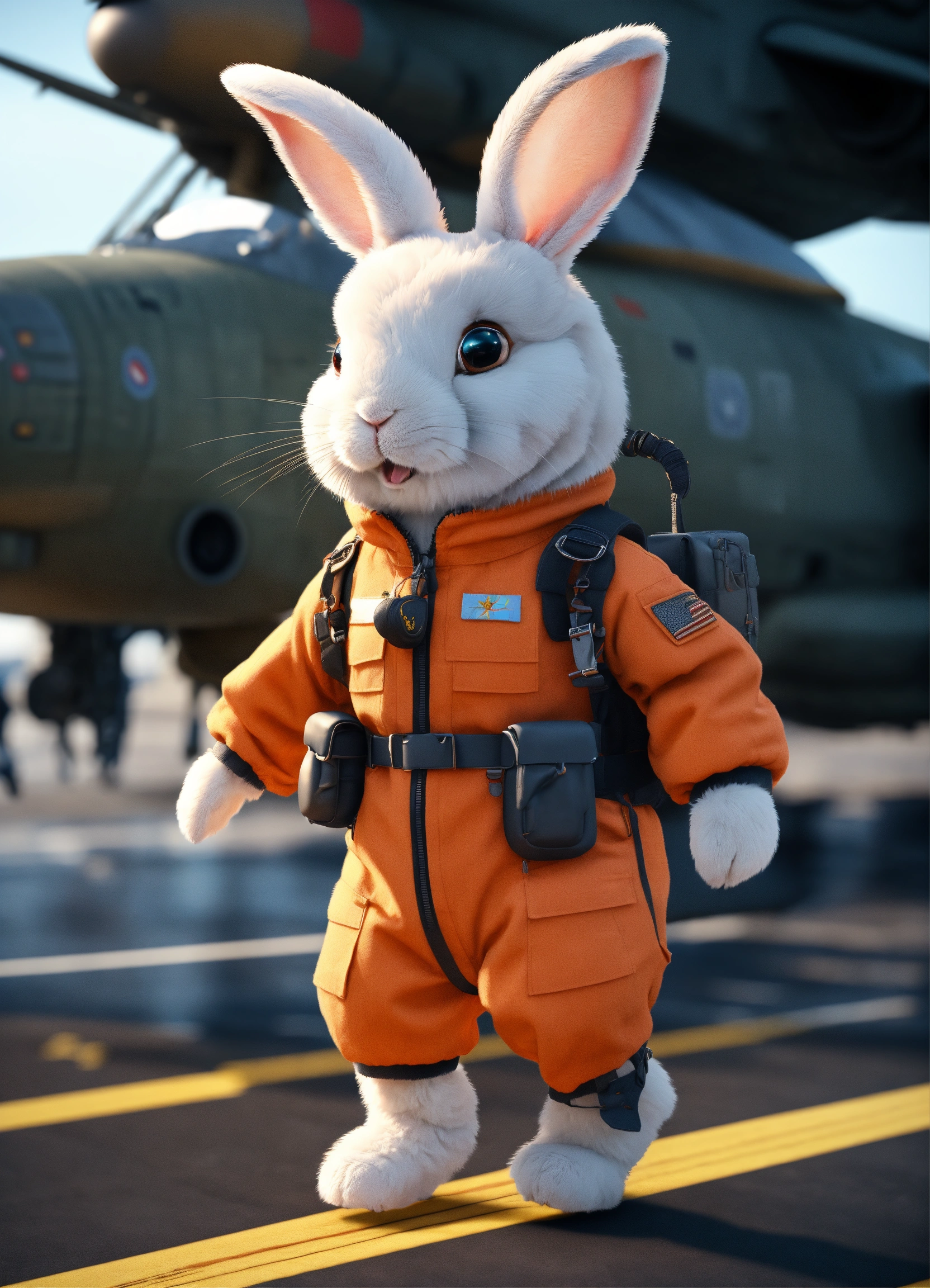 Lexica - A cute fluffy rabbit pilot walking on a military aircraft ...