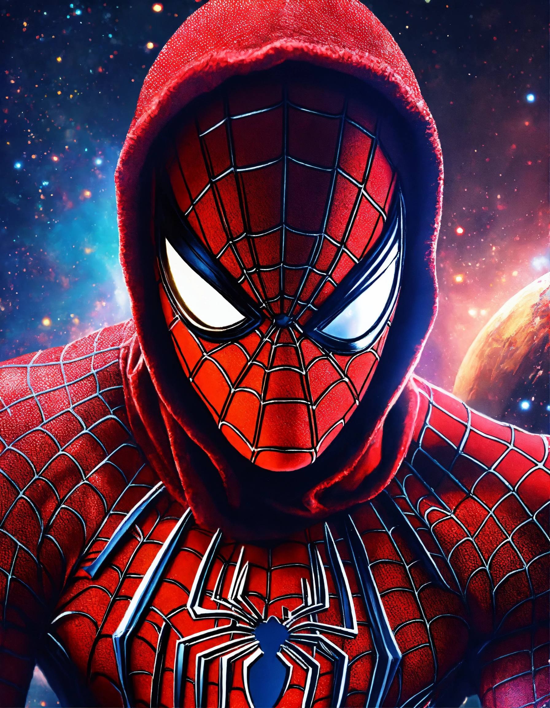 Lexica - Spiderman realistic, front look, space background with stars.