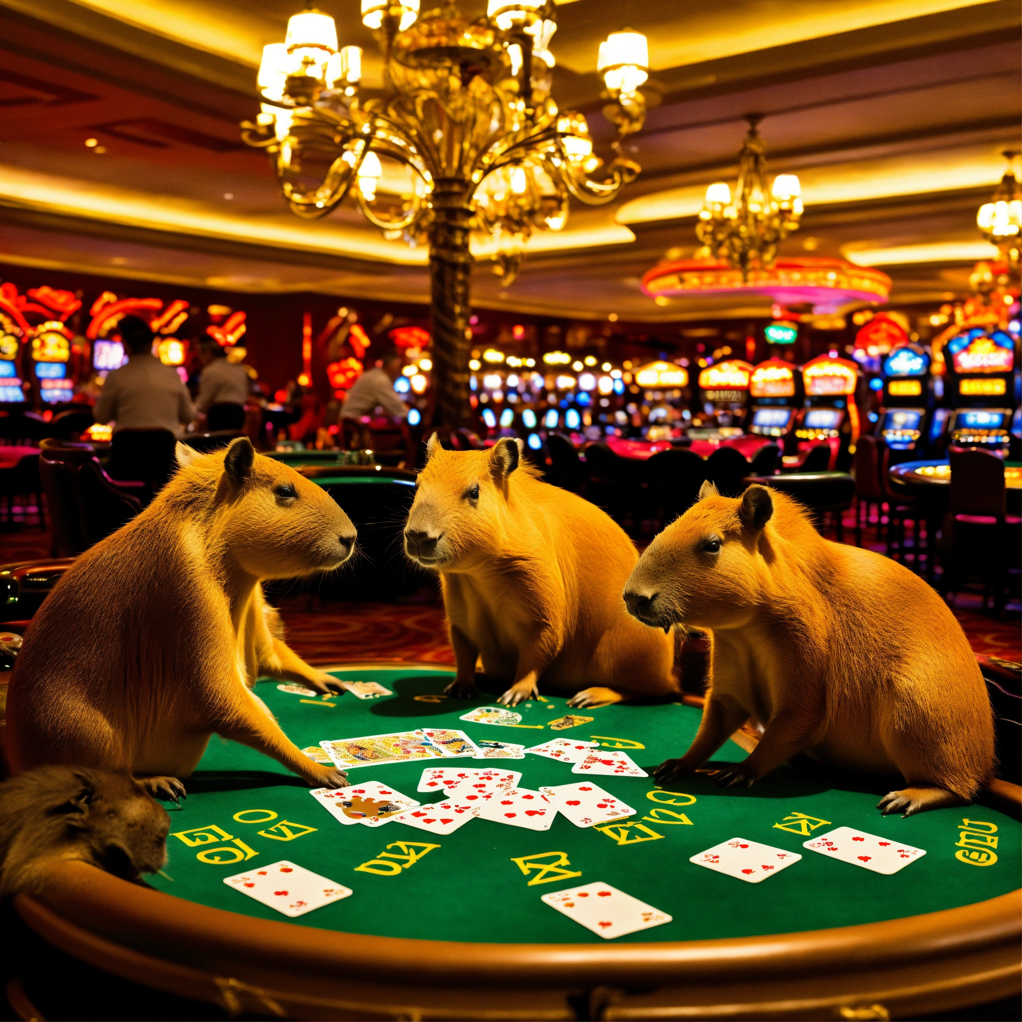 Lexica - Photo of a group of capybaras playing cards in a casino in Las ...