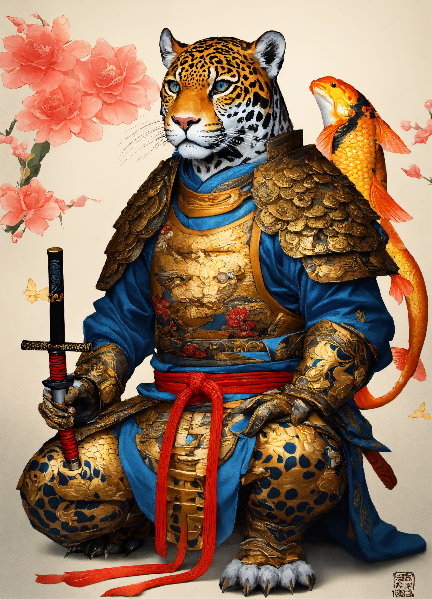 Lexica - There is a jaguar with a big carp koi and a sword on a white ...