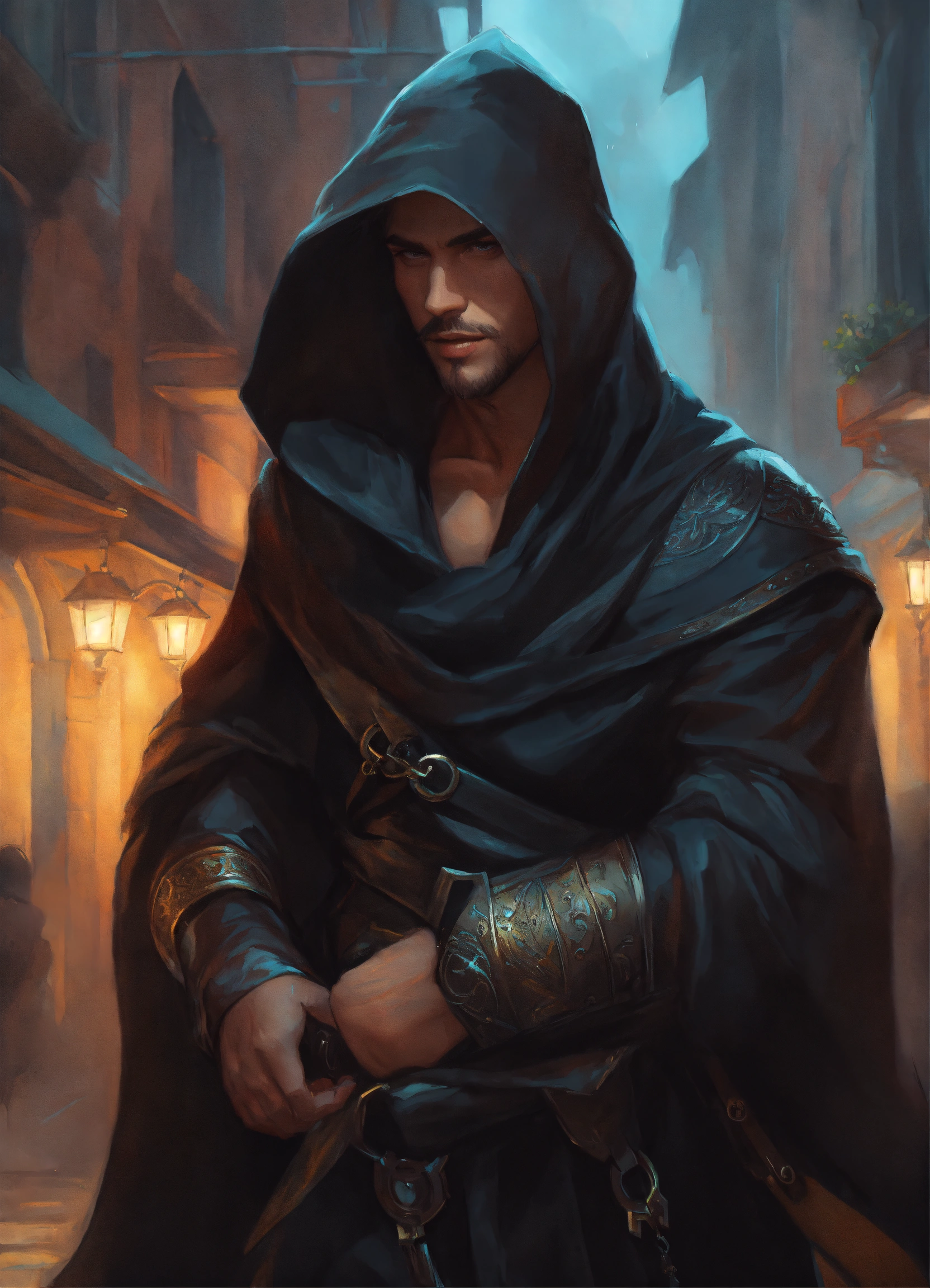 Lexica - Fantasy Painting, medieval male mystic Thief in black hood ...