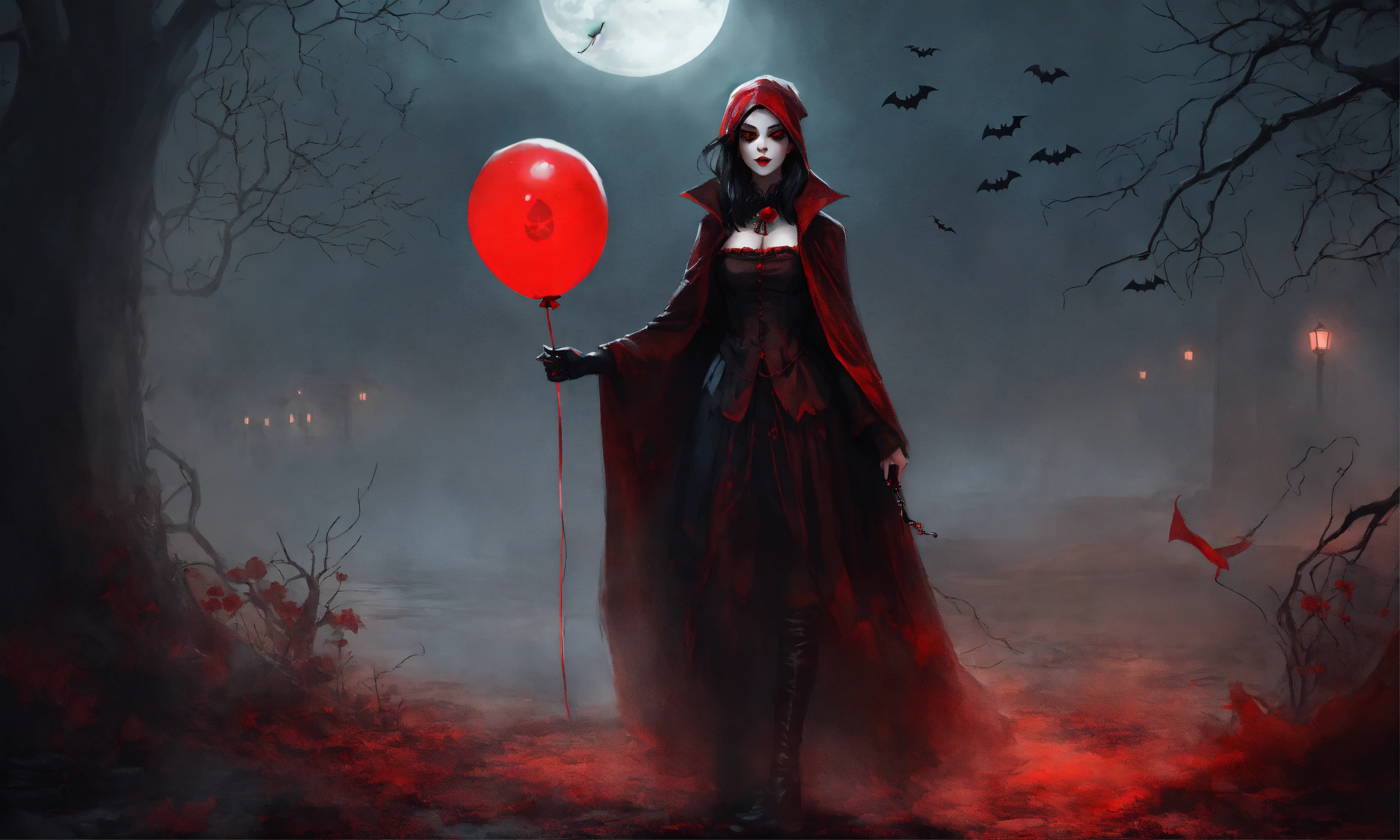 Lexica - A female vampire holding a red luminous balloon, Halloween ...