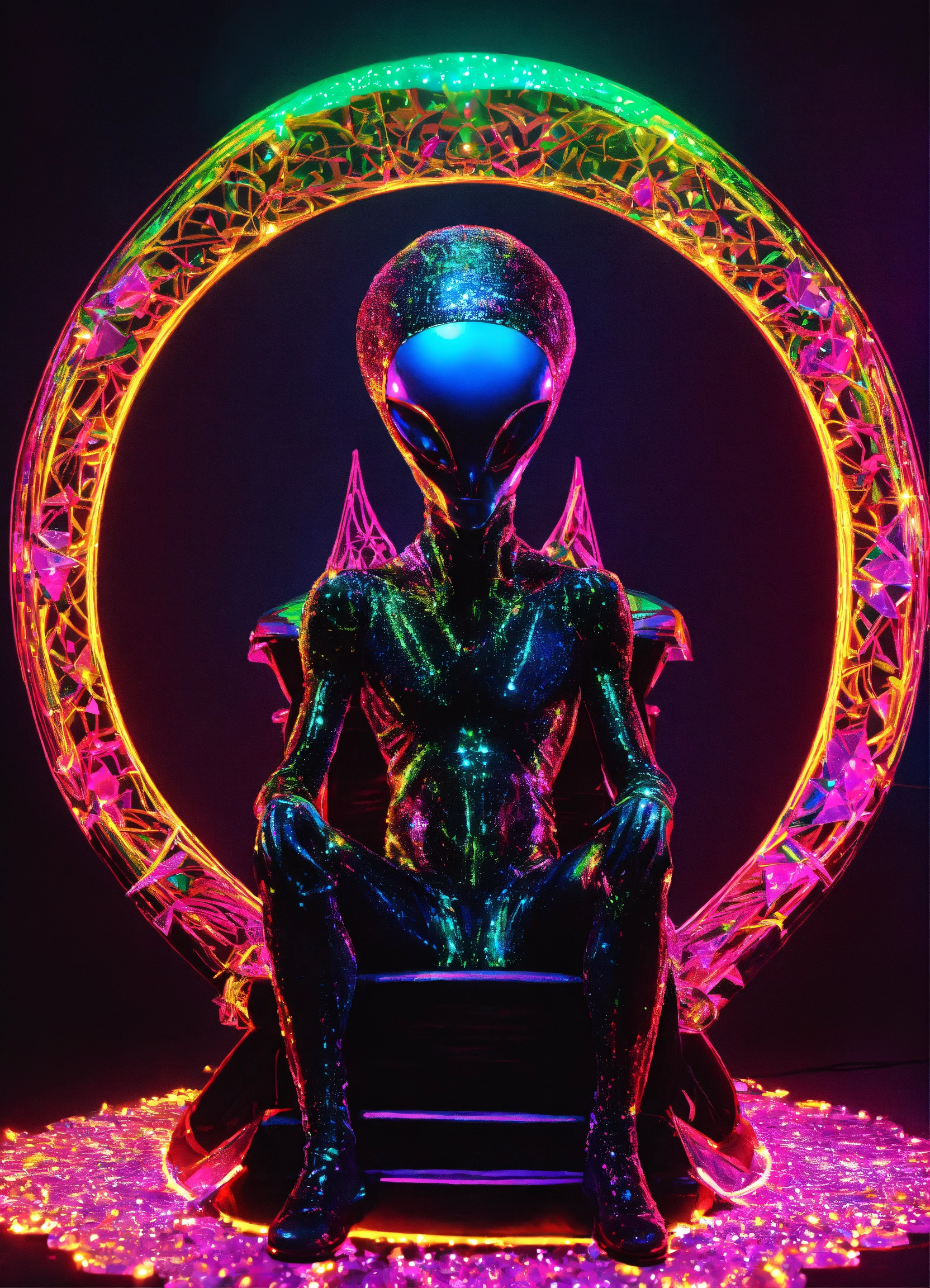 Lexica - Alien made of diamonds and glitter black neon light DMT throne