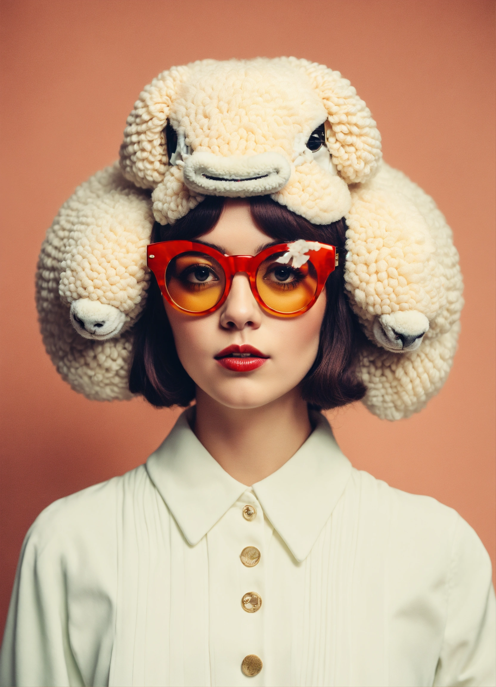 Lexica - Women with sheep's head and big glasses in white room retro ...