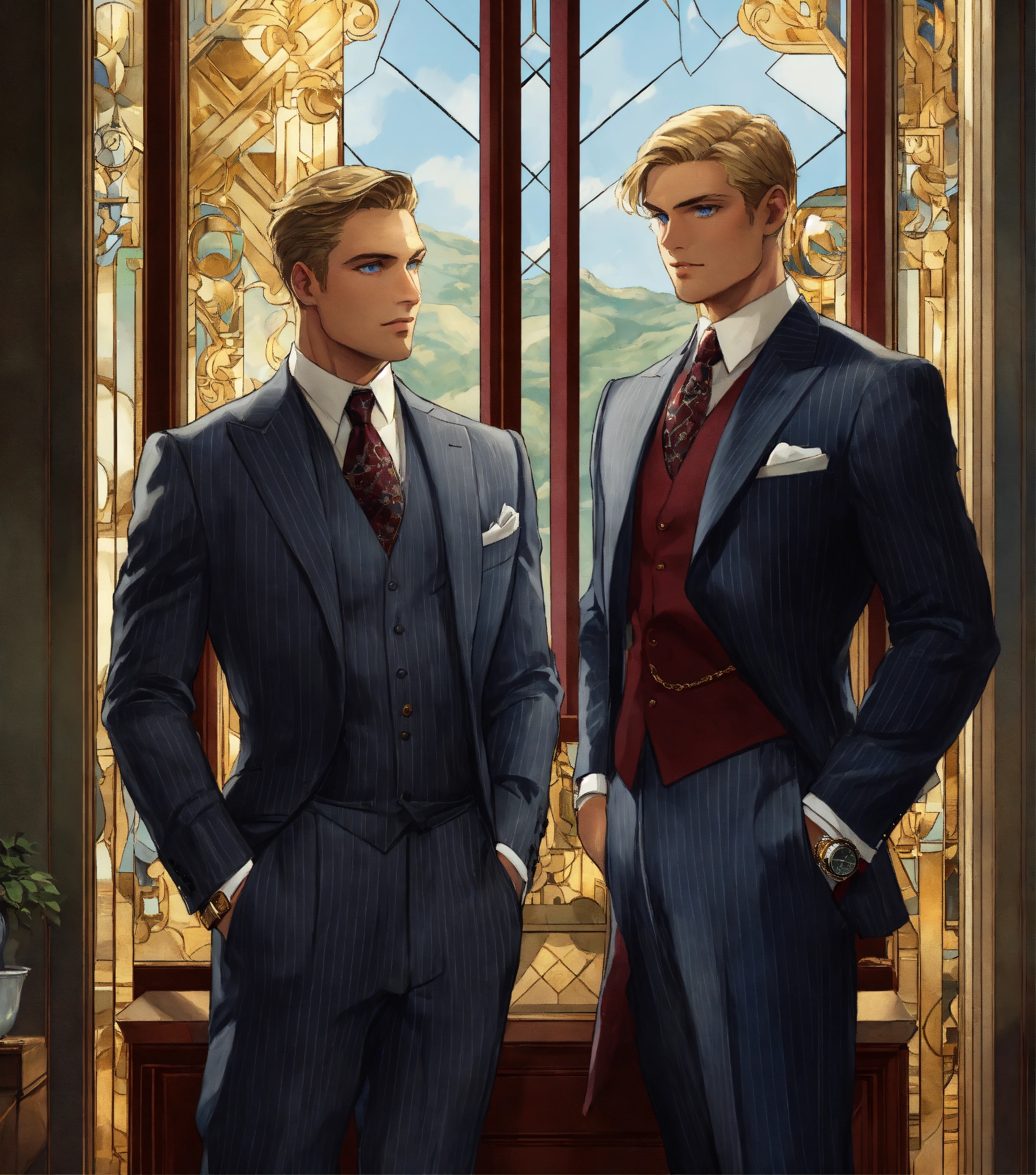 Lexica - Two muscled gentlemen in dark grey pinstripe vested suit, dark ...