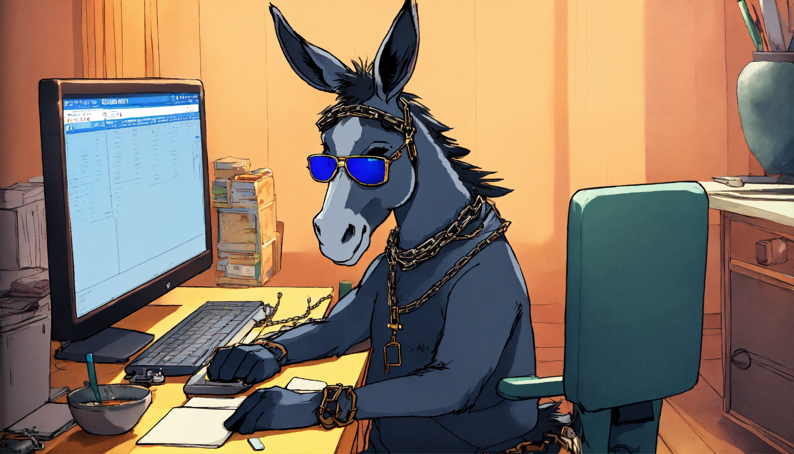 Lexica - A donkey with sunglasses black and chains in the neck, sitting ...
