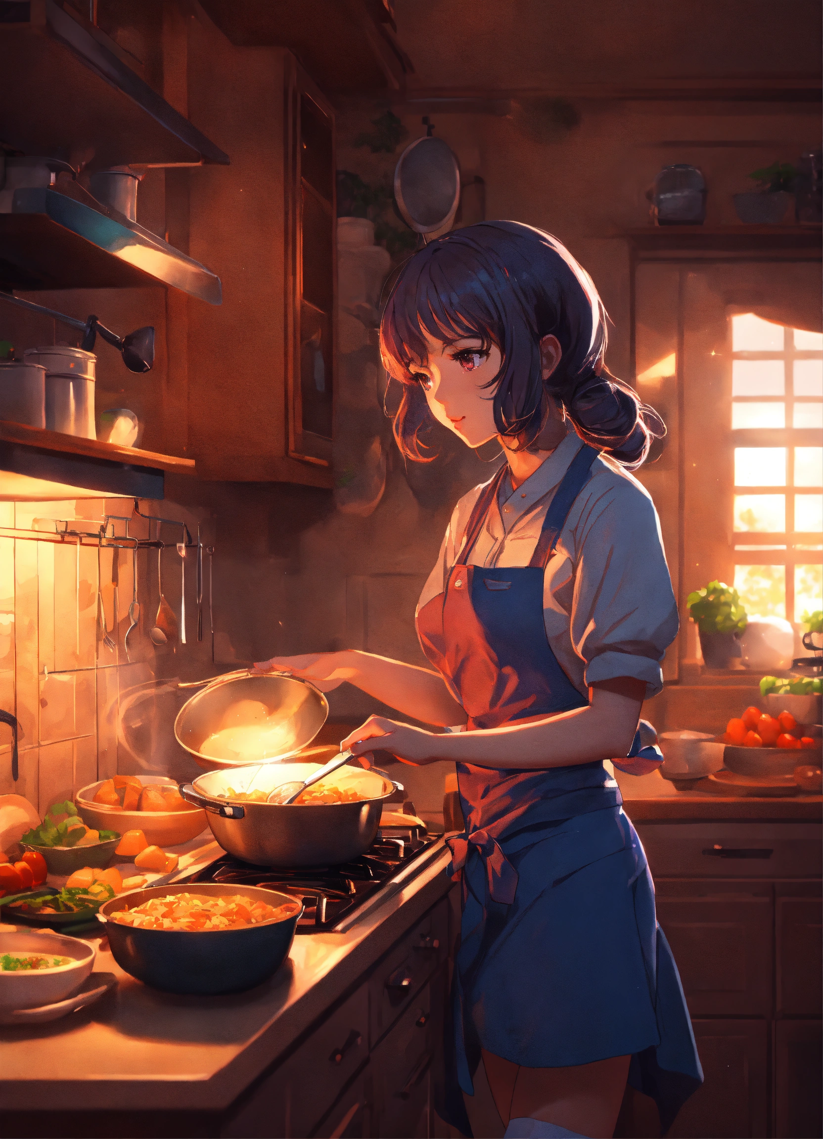 Lexica - A cute anime lofi girl cooking dinner at home during the night ...
