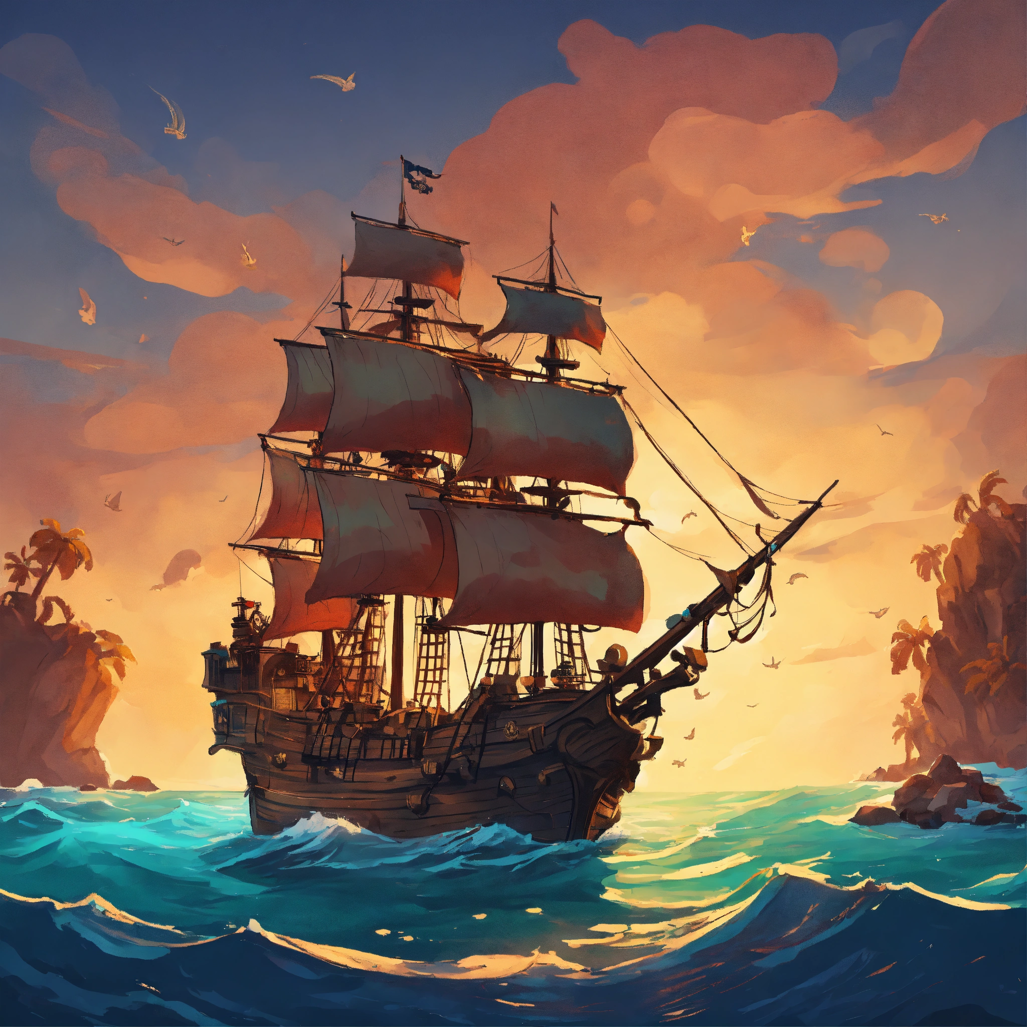 Lexica - Ocean and pirate ship in profile, detailed hand illustration ...