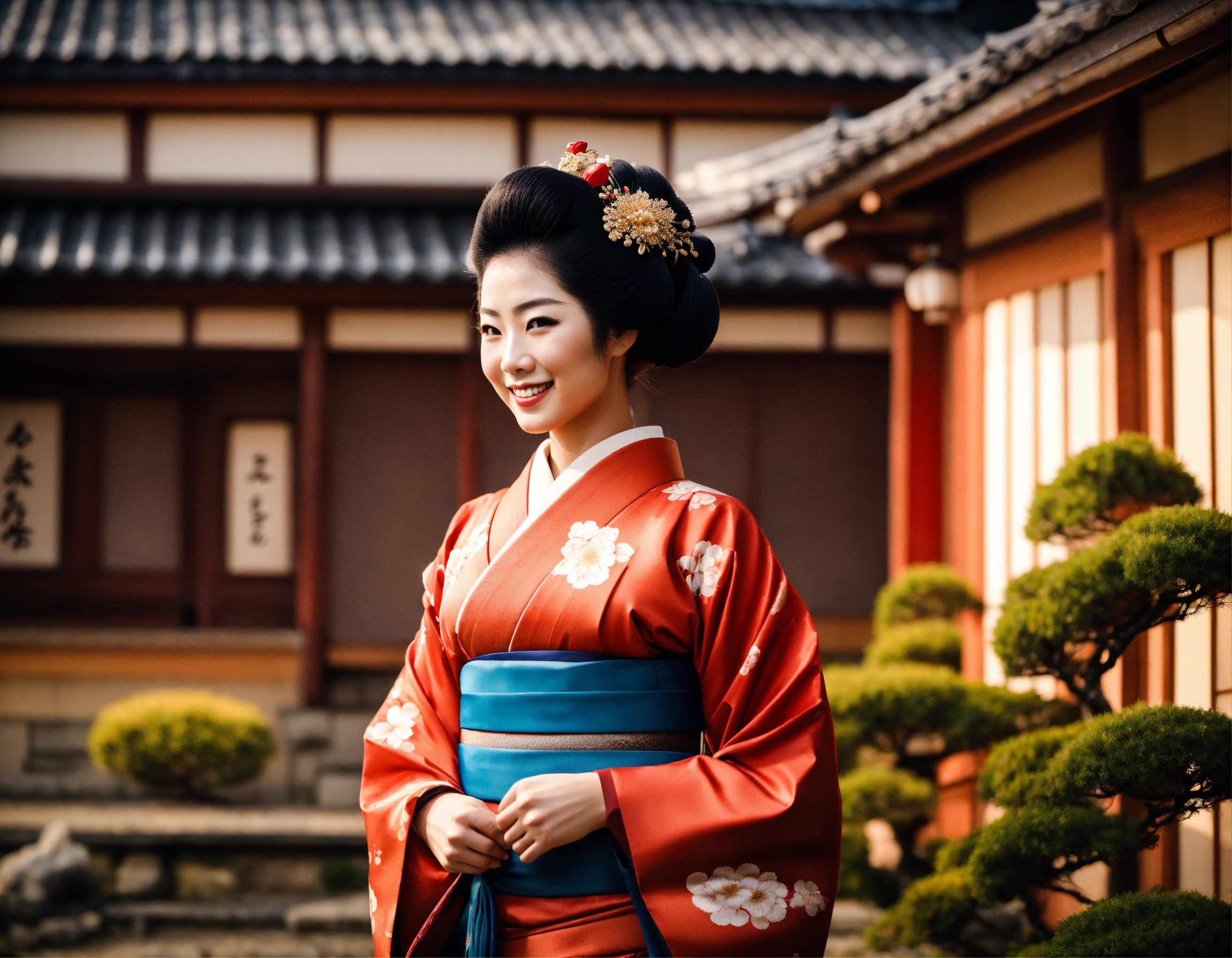 Lexica - Realistic, a gorgeous smiling female geisha standing in front ...