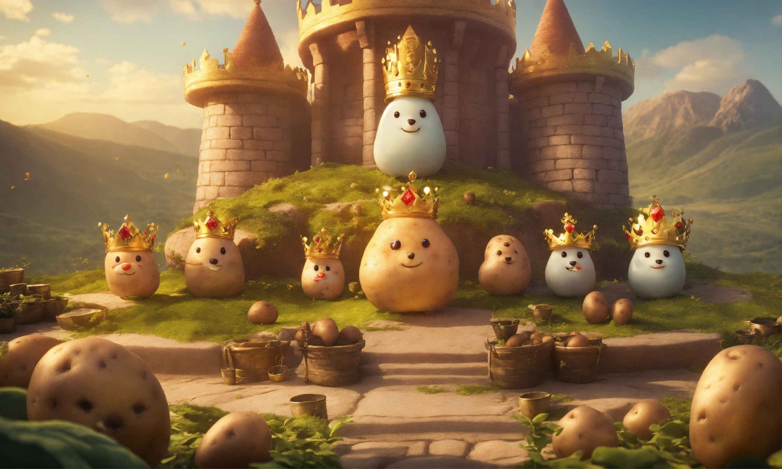 Lexica - Tiny potato kings wearing majestic crowns, sitting on thrones ...