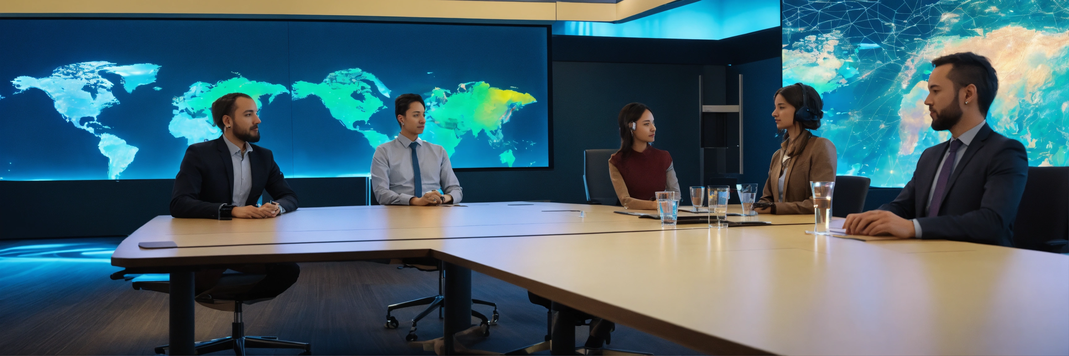 Lexica - A virtual boardroom with holographic AI employees sitting at ...