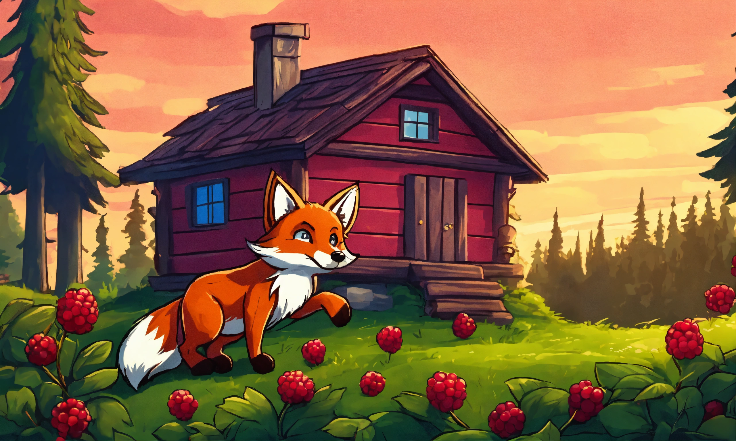 Lexica - Cartoon style. A cute huge fox is sneaking in the raspberry ...