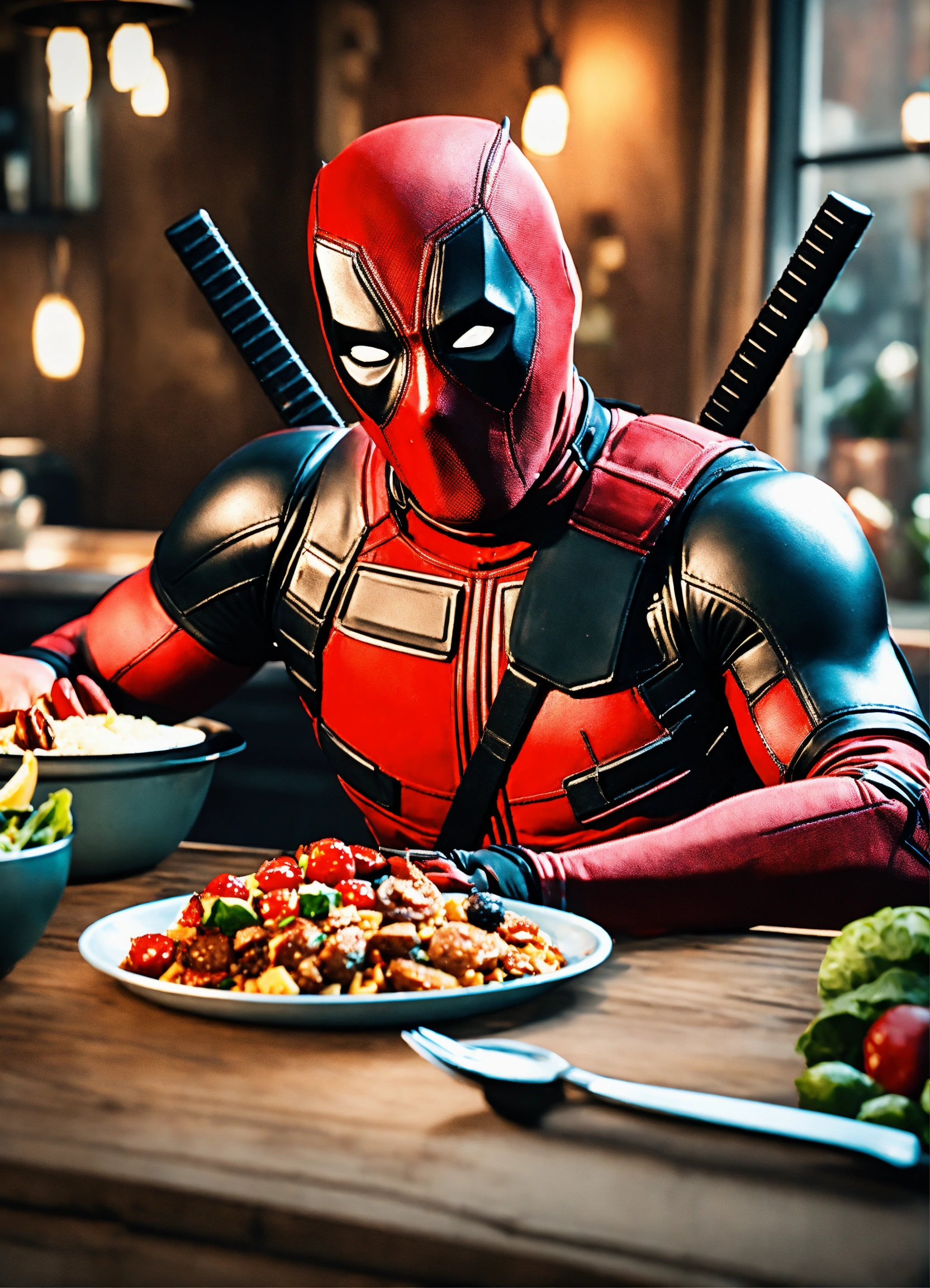 Lexica - Deadpool holding an coking a meal, unreal engine render, 8k