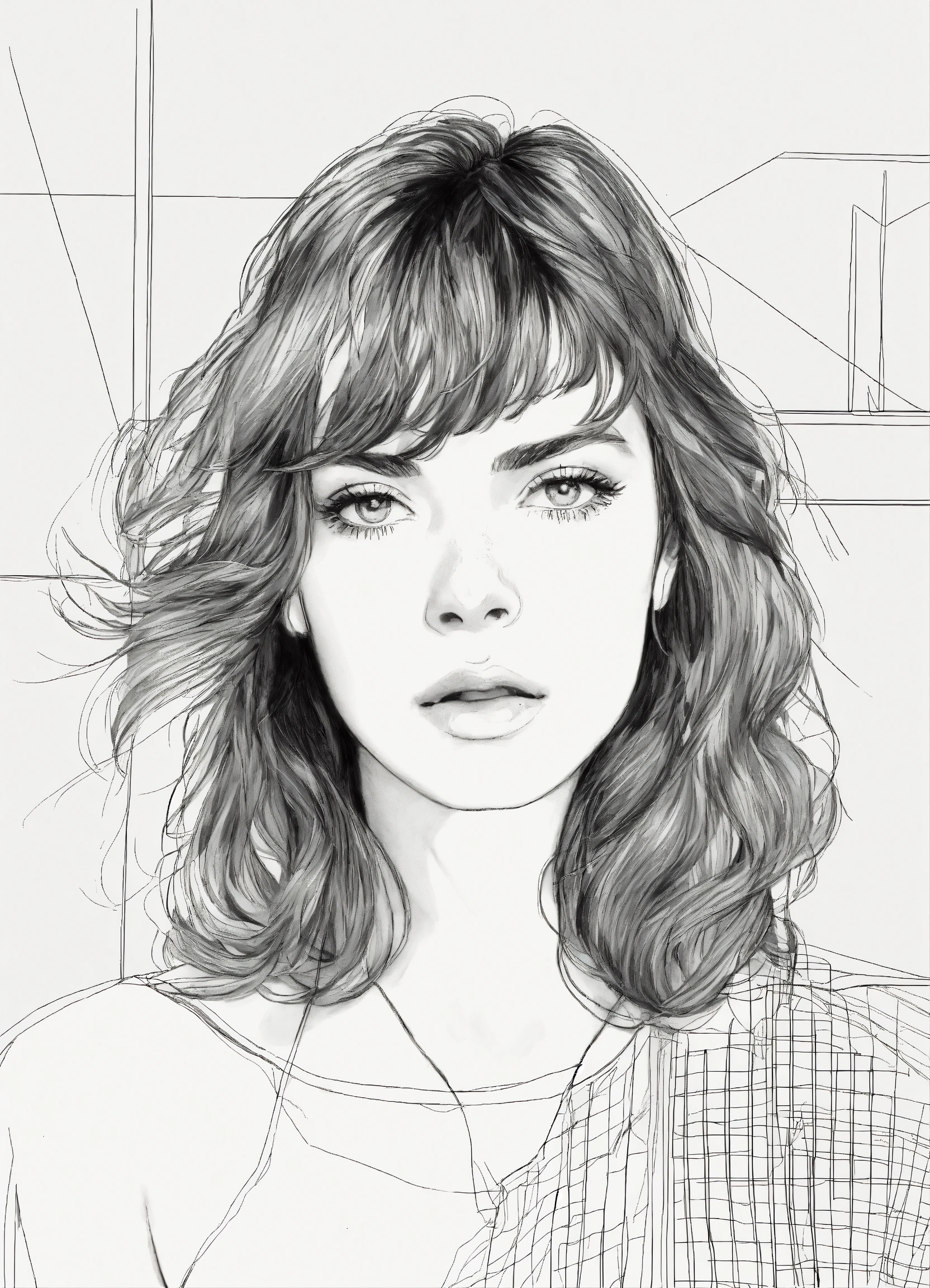 Lexica - Black and white line drawing, woman, upper body, lines ...