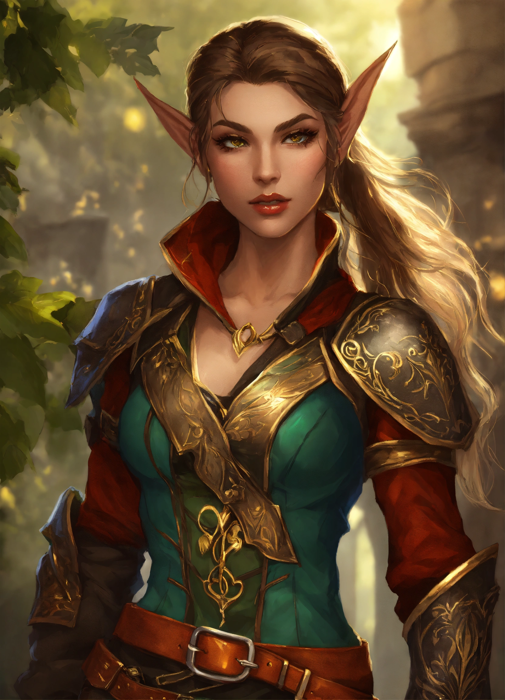Lexica - Half human half gold elf beautiful female thief, rogue, wearing thief gear, d&d fantasy art