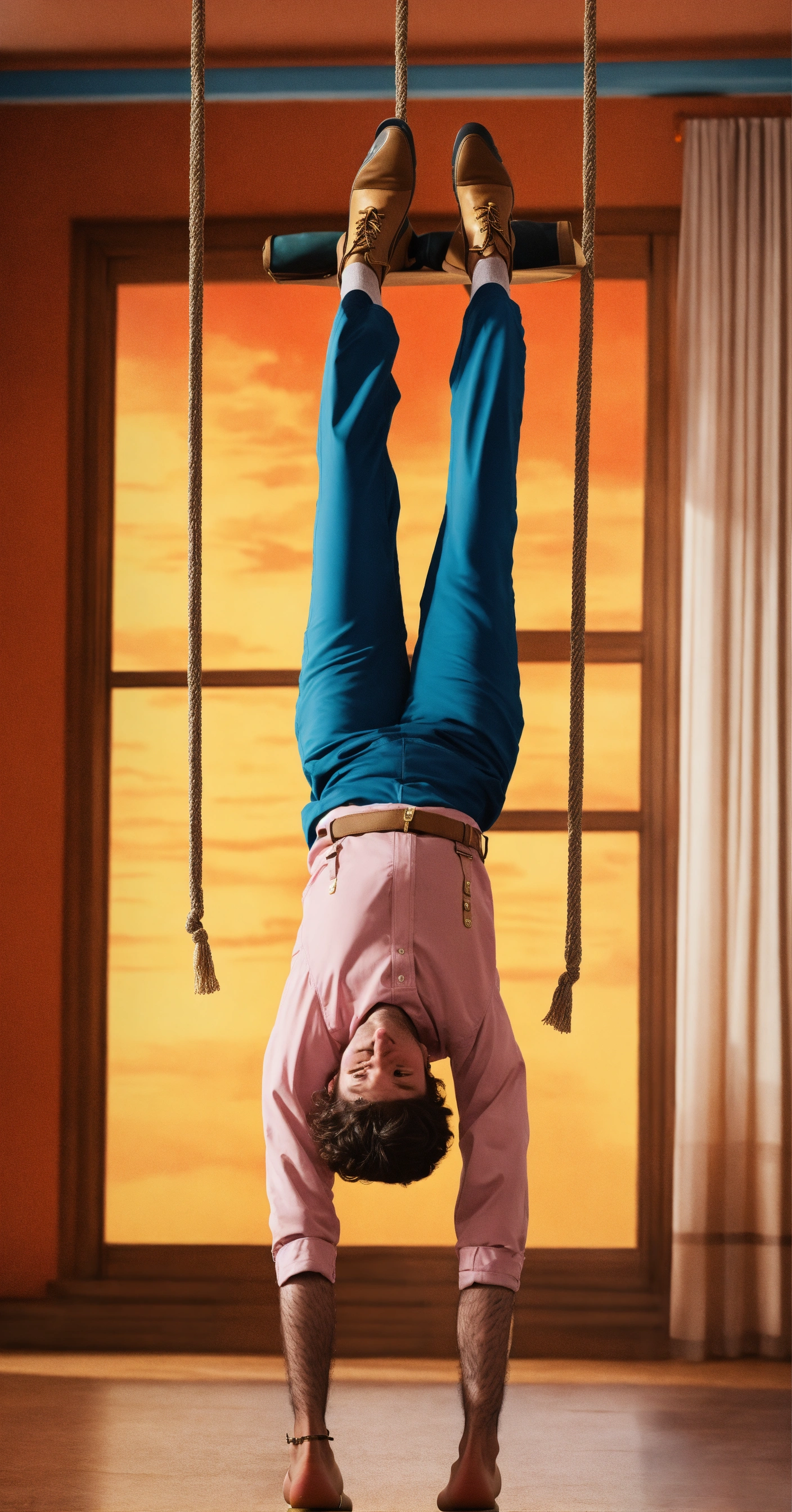 Lexica - A man hanging upside down by his leg while his other leg is crossed at the knee ...