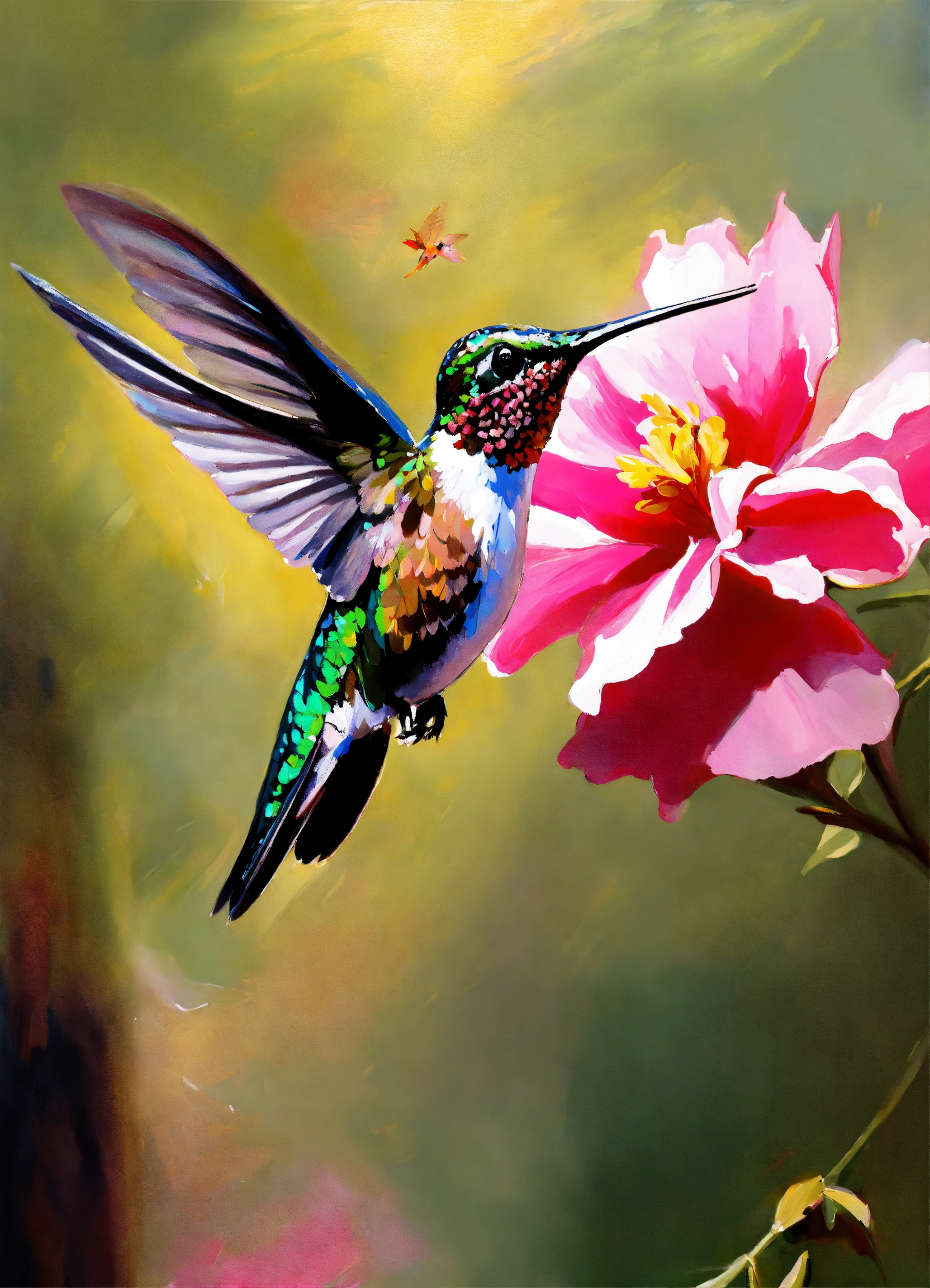 Lexica - Oil painting of a hummingbird flying on a pink flower, in the ...